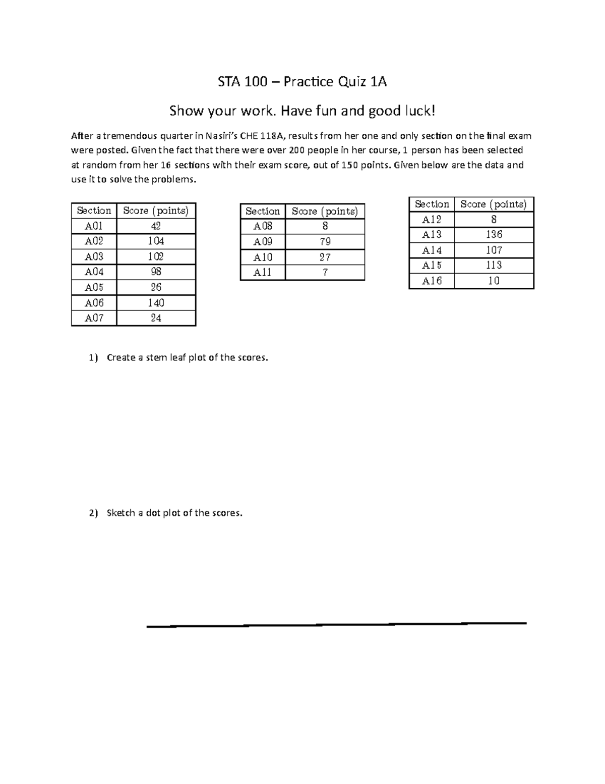 STA 100 - Prac Quiz 1A - sta - STA 100 – Practice Quiz 1A Show your ...