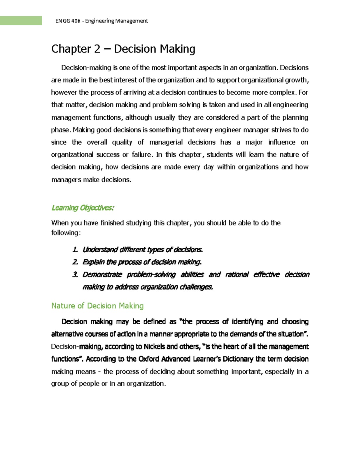 Module 2 - chrzz - Chapter 2 Decision Making Decision-making is one of ...