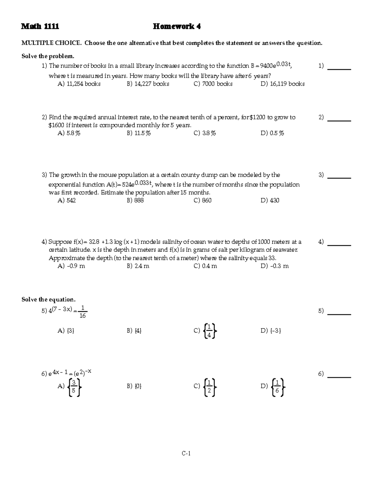 Math 1111 Homework 4 Math 1111 Homework 4 Multiple Choice Choose