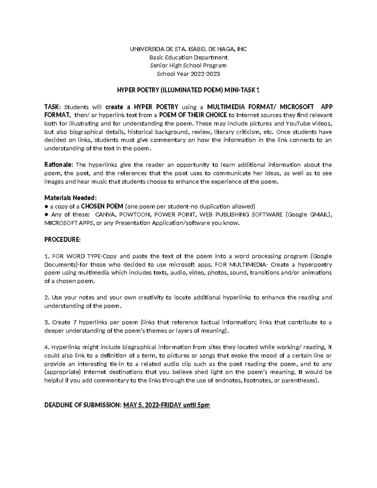Hyper Poetry Mini Task - MINI TASK - UNIVERSIDA DE STA. ISABEL DE NAGA ...