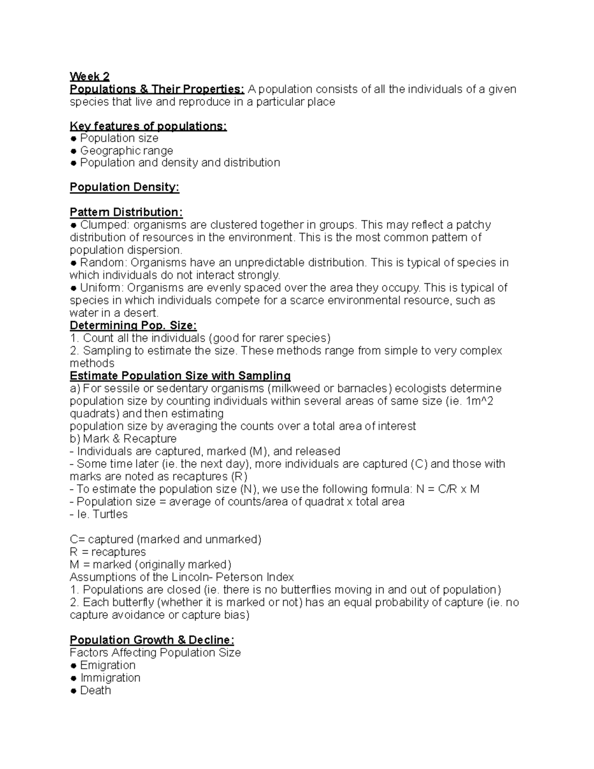Biol 1020 Week 2 Lecture Notes On Week 2 Week 2 Populations And Their Properties A Population