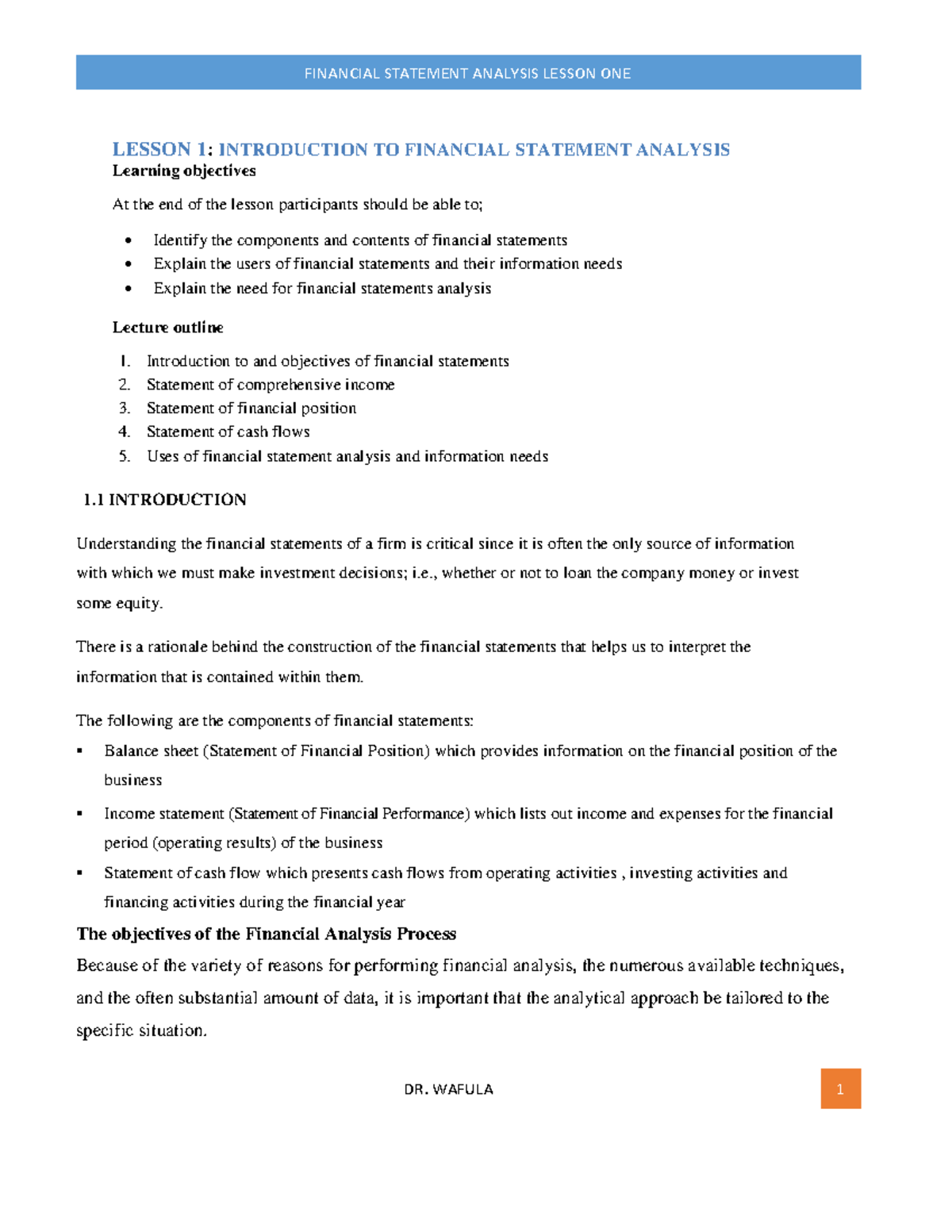 Lesson ONE Introduction TO Financial Statement Analysis - LESSON 1 ...