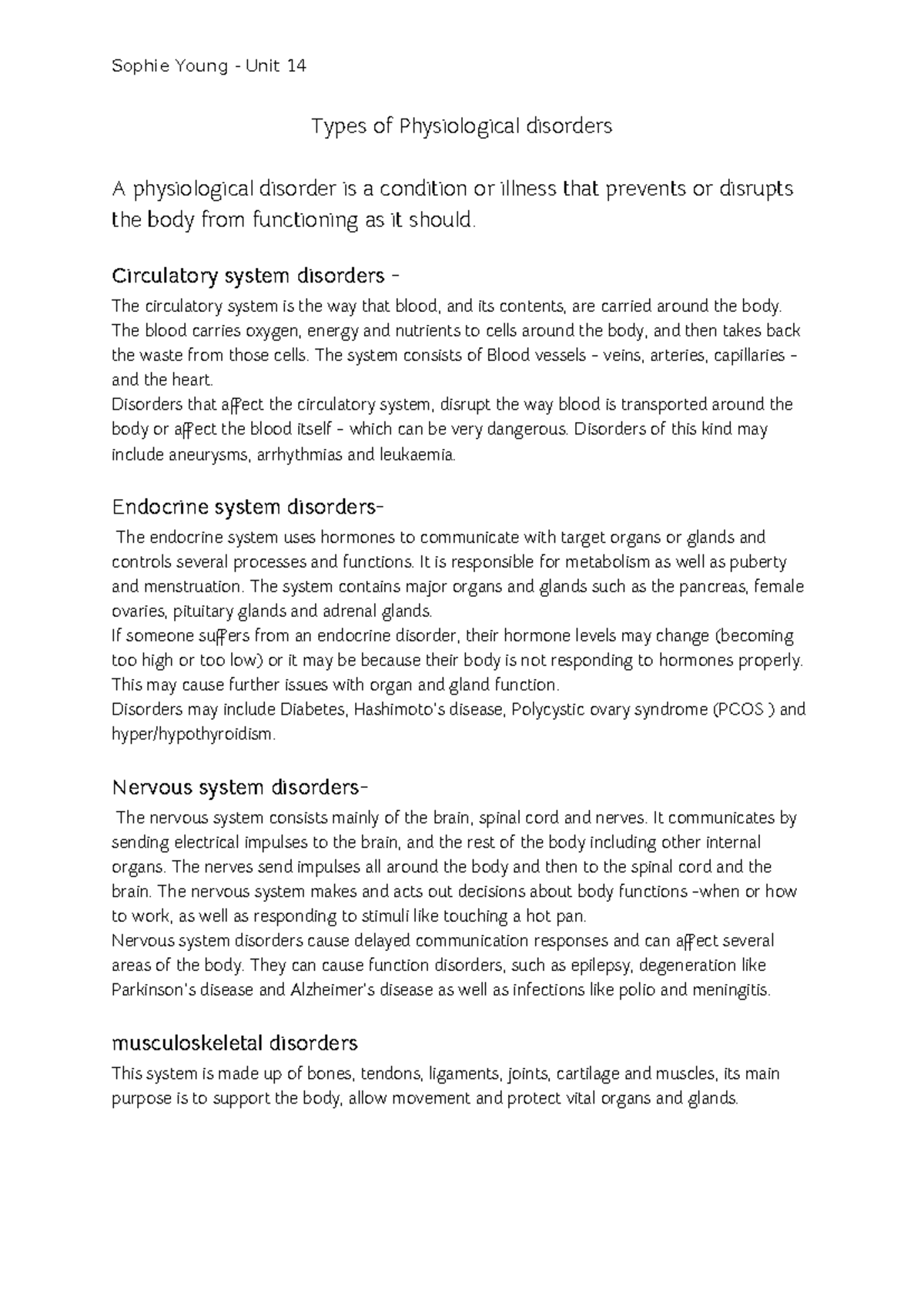 Unit 14, assignment 1 - Task 1- Types of Physiological disorders A ...