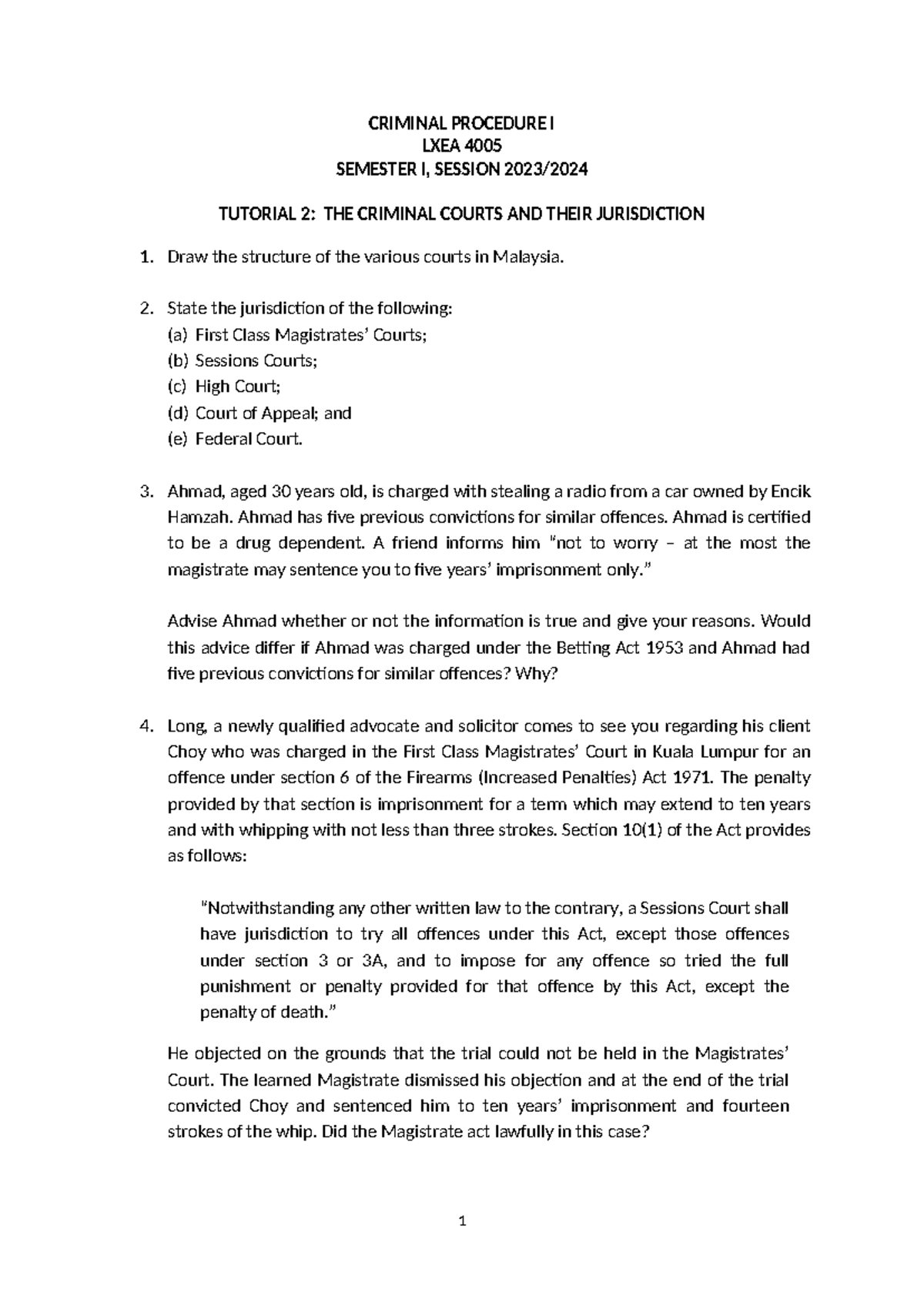tutorial sheet tuto - CRIMINAL PROCEDURE I LXEA 4005 SEMESTER I ...