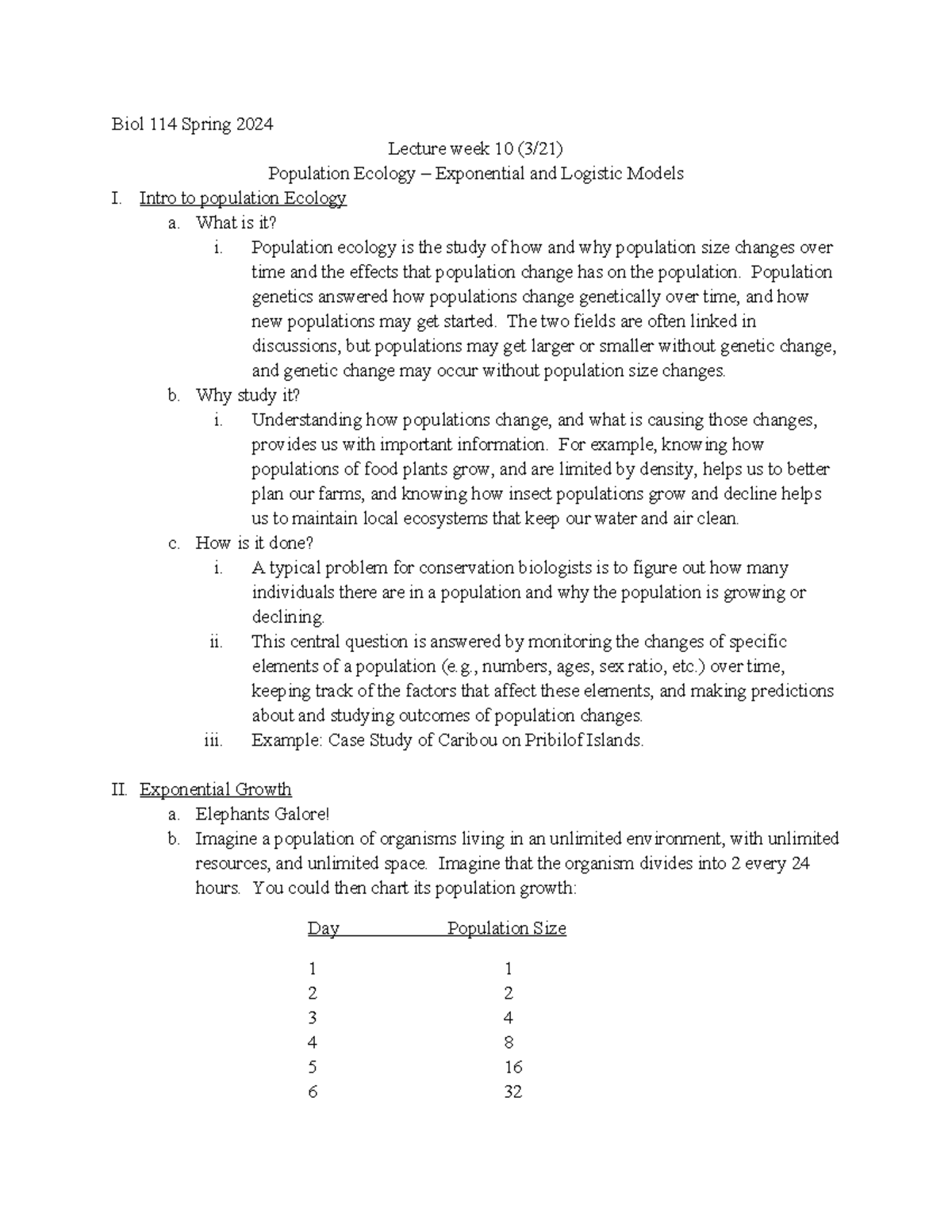 Lecture week 10 (3-21) - Notes Population Ecology -Exponential and ...