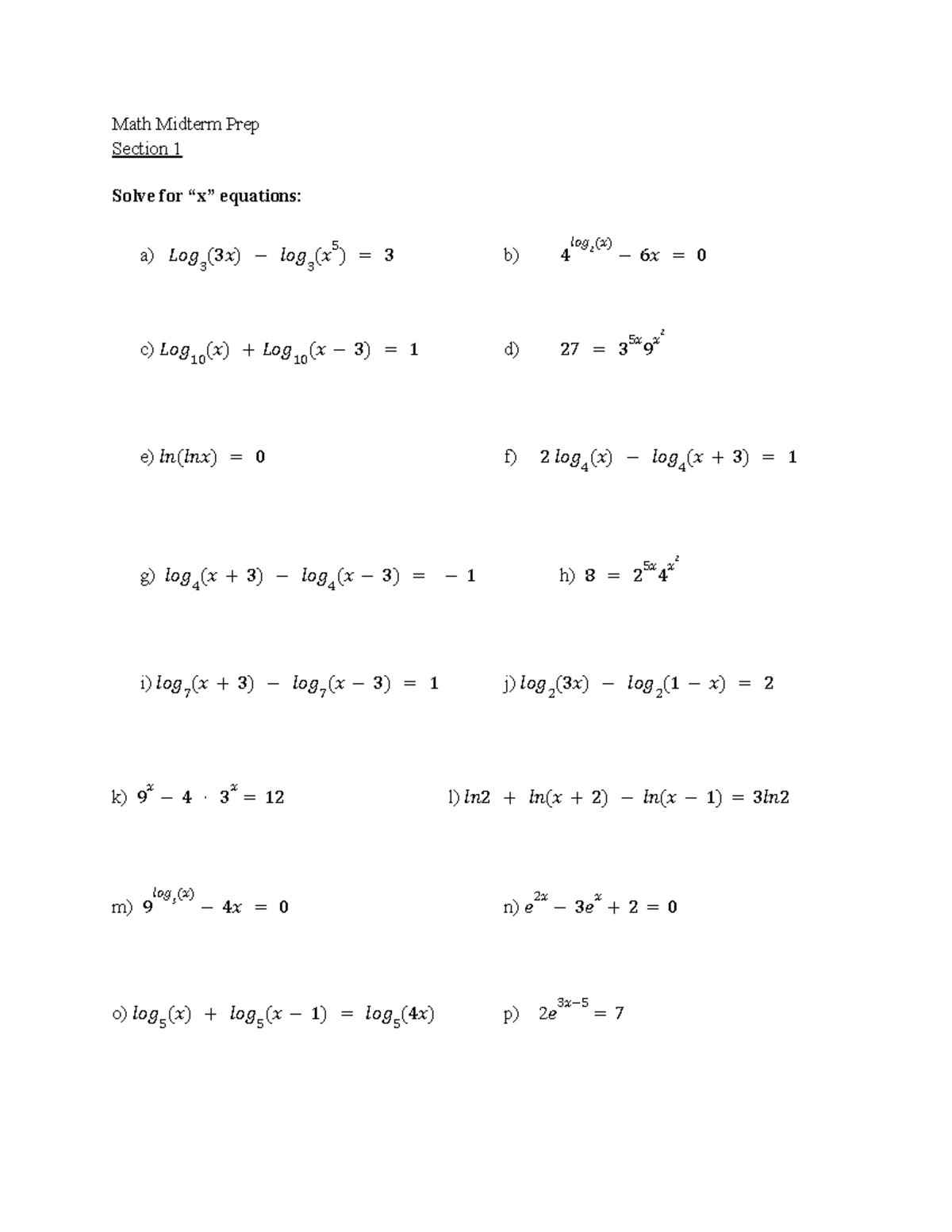 Math Midterm Prep - ddss - Math Midterm Prep Section 1 Solve for “x ...