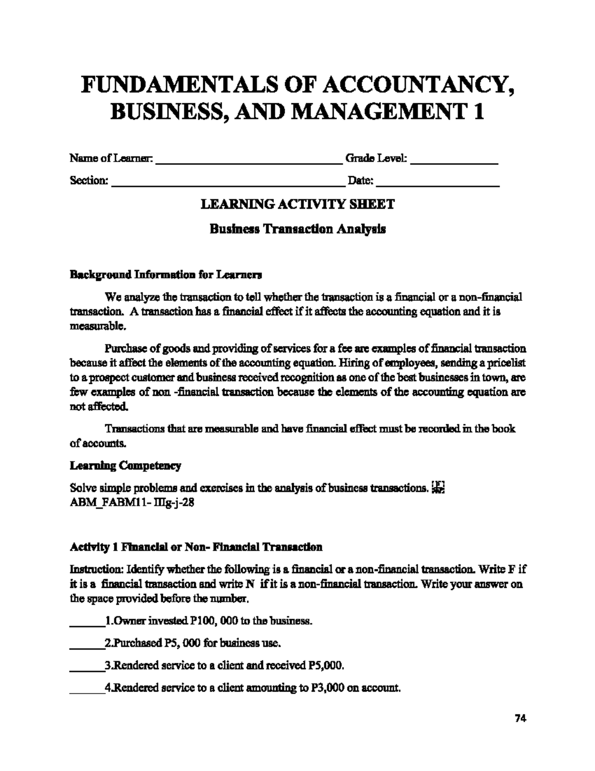 LAS FABM1 - practice questions - Accountancy - Studocu