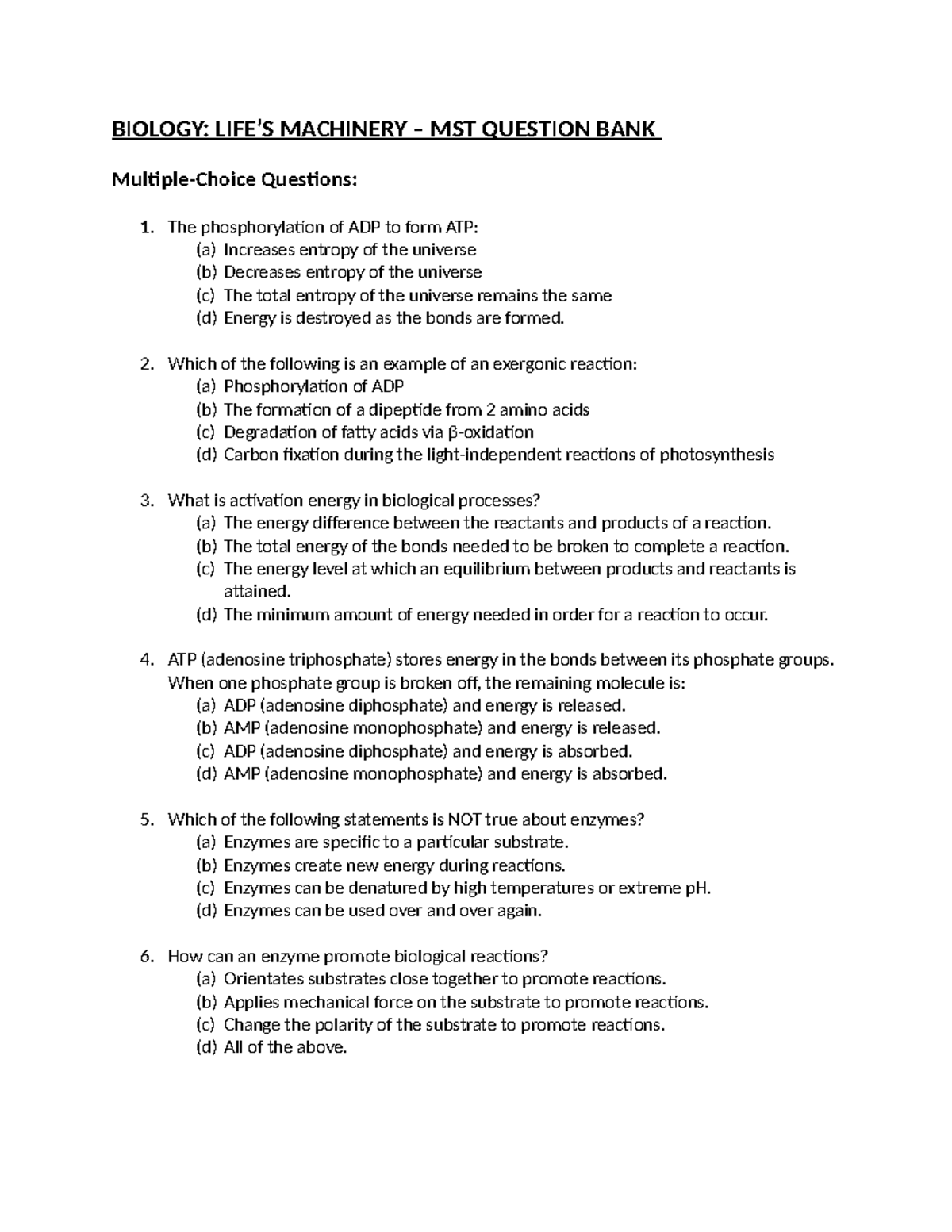 MST Question Bank - BIOLOGY: LIFE’S MACHINERY – MST QUESTION BANK ...