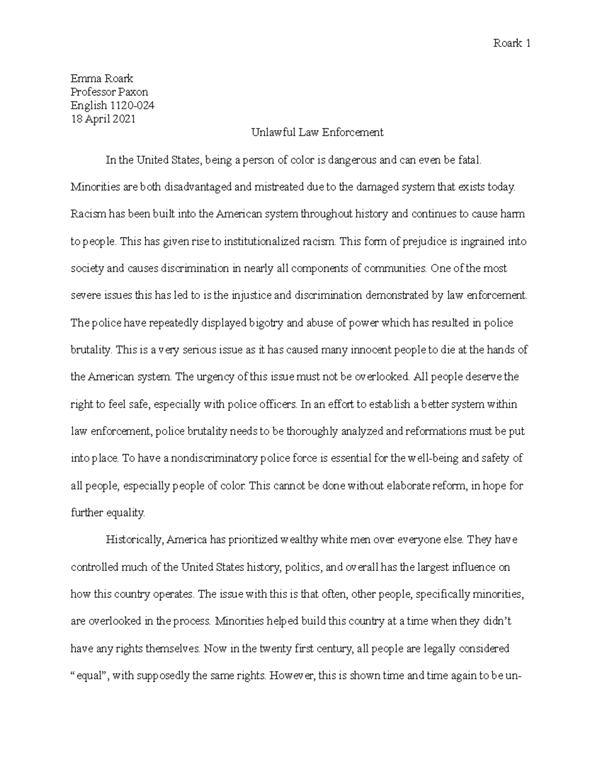 ENGL 1120- Unlawful Law Enforcement - Emma Roark Professor Paxon ...