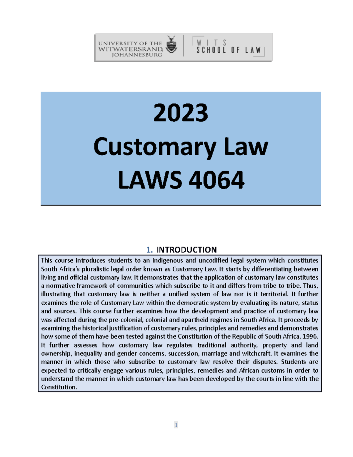 LAWS4064 2023 Course Outline - 1. INTRODUCTION This course introduces ...