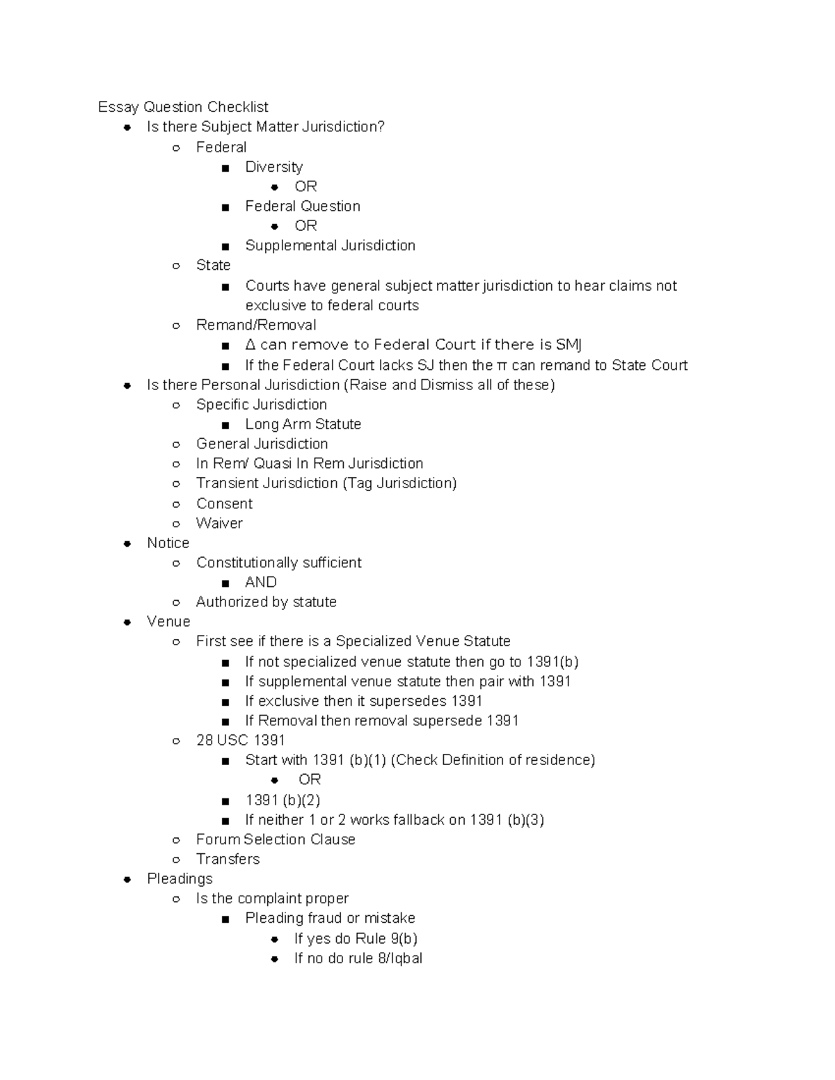 Civil Procedure Checklist - Essay Question Checklist Is there Subject ...