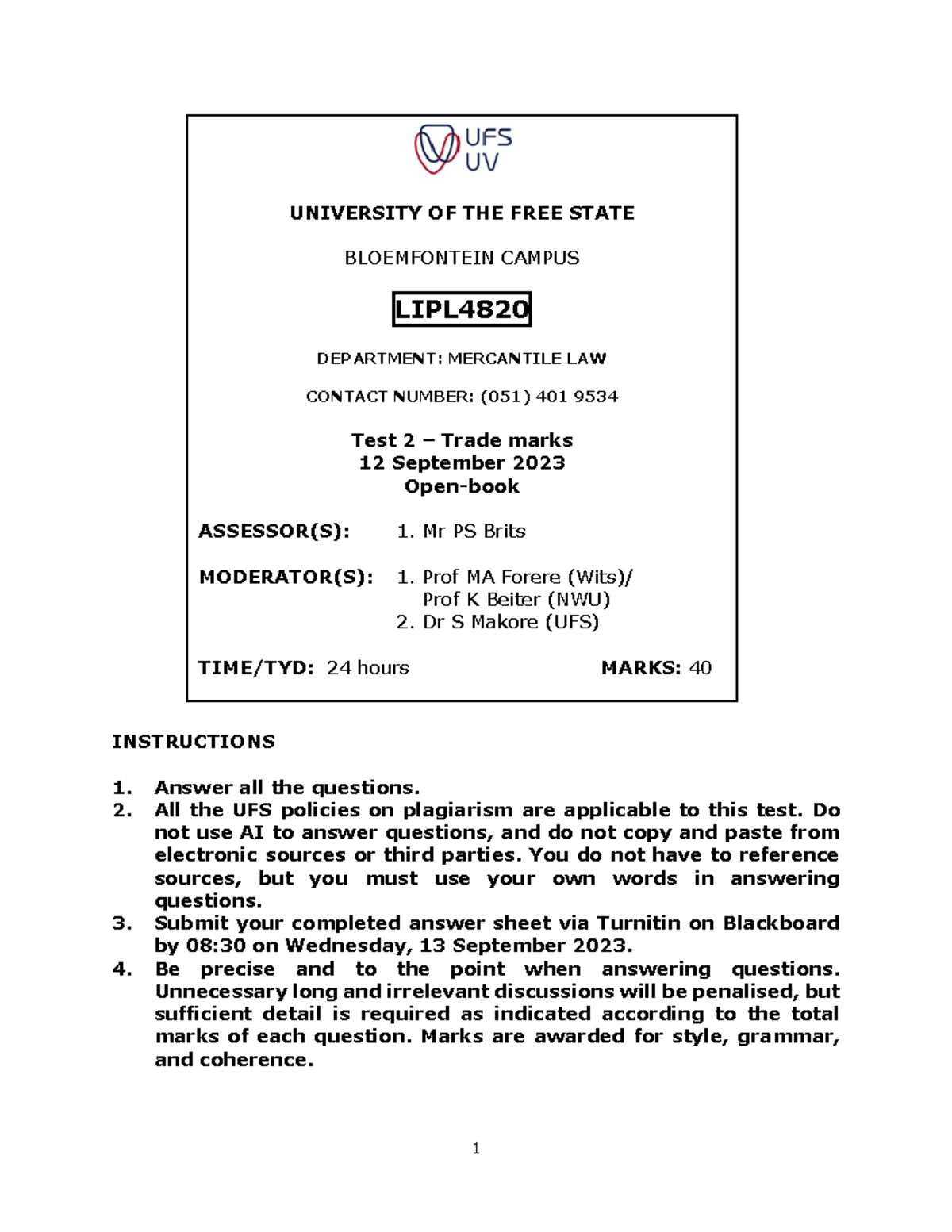 LIPL4820 2023 Test 2 question paper - INSTRUCTIONS Answer all the ...