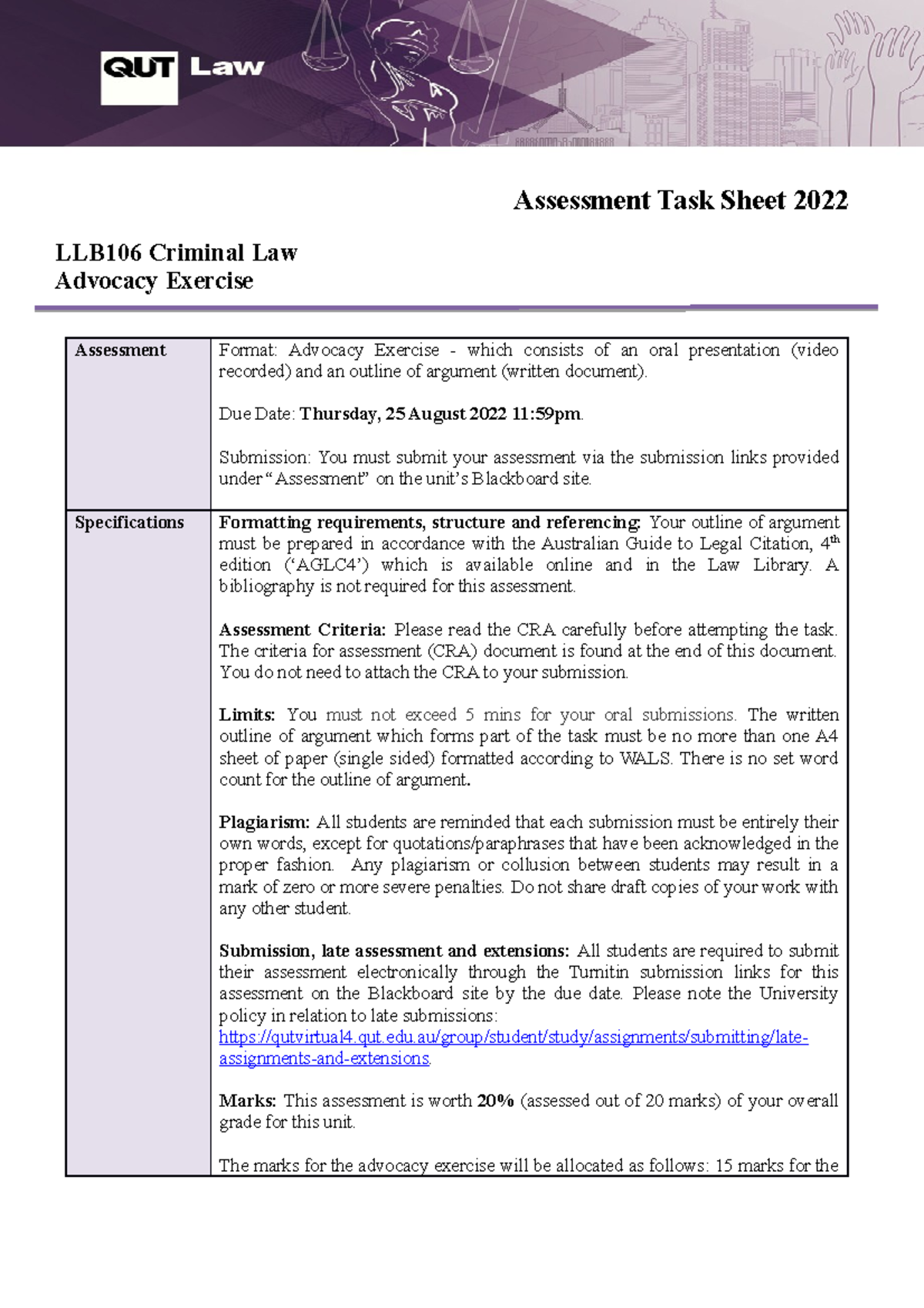 LLB106 Advocacy Exercise Task 2022 - Assessment Task Sheet 2022 LLB106 ...