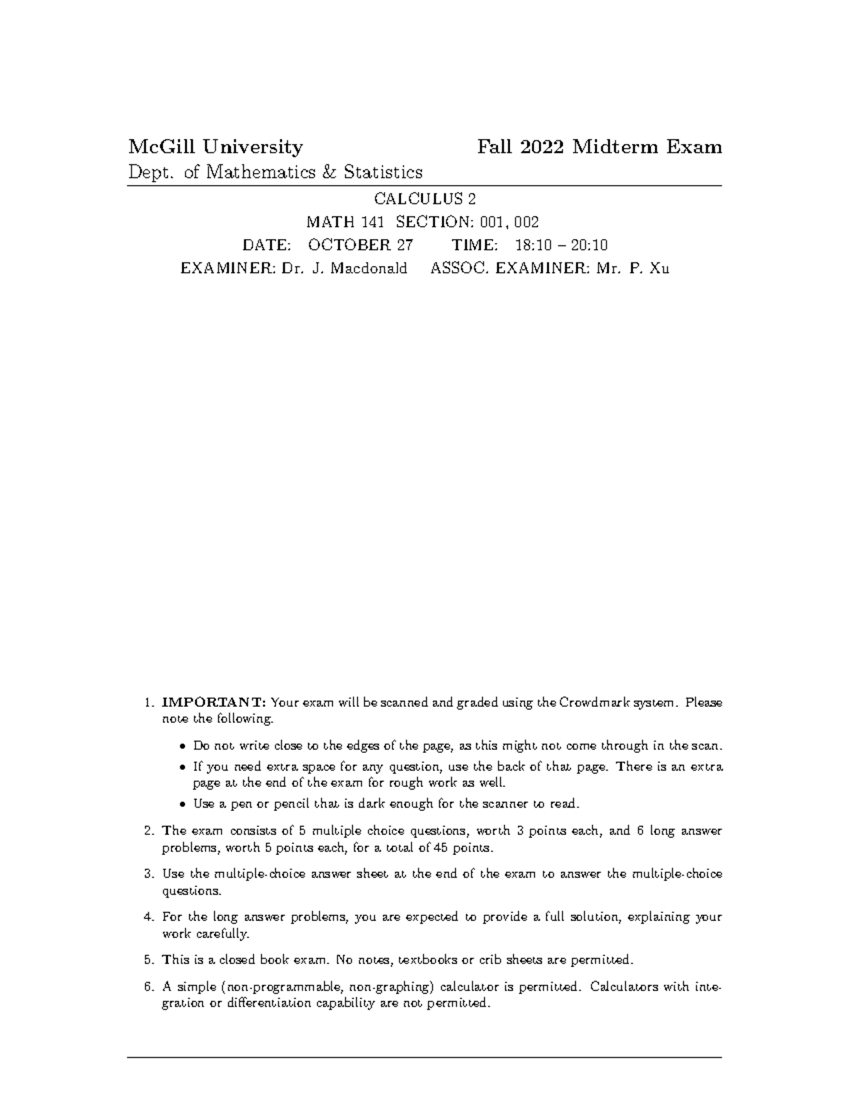 MATH 141 Formulas provided on exam - McGill University Dept. of ...
