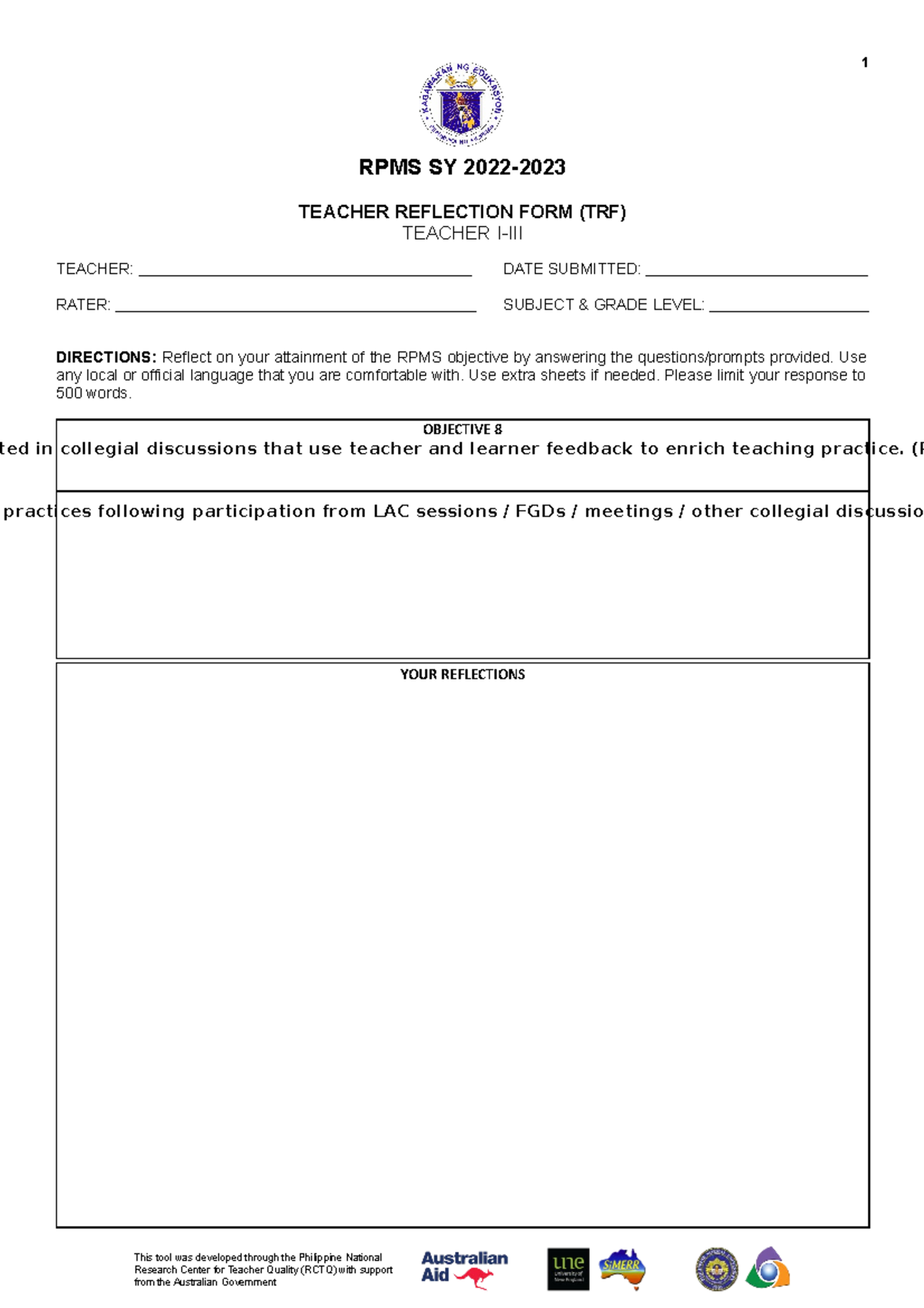 SY 2022 2023 TRF - TEACHERS REFLECTION FORM - This tool was developed ...