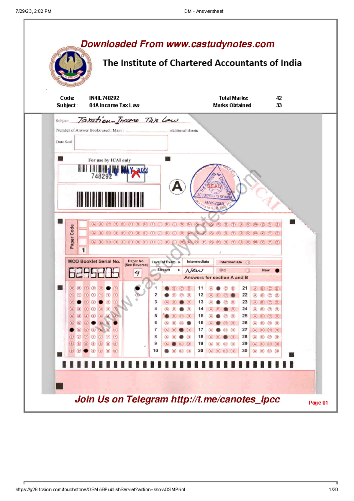 CA Inter Tax 67 Marks Certified Copy May23 castudynotes com - Code ...