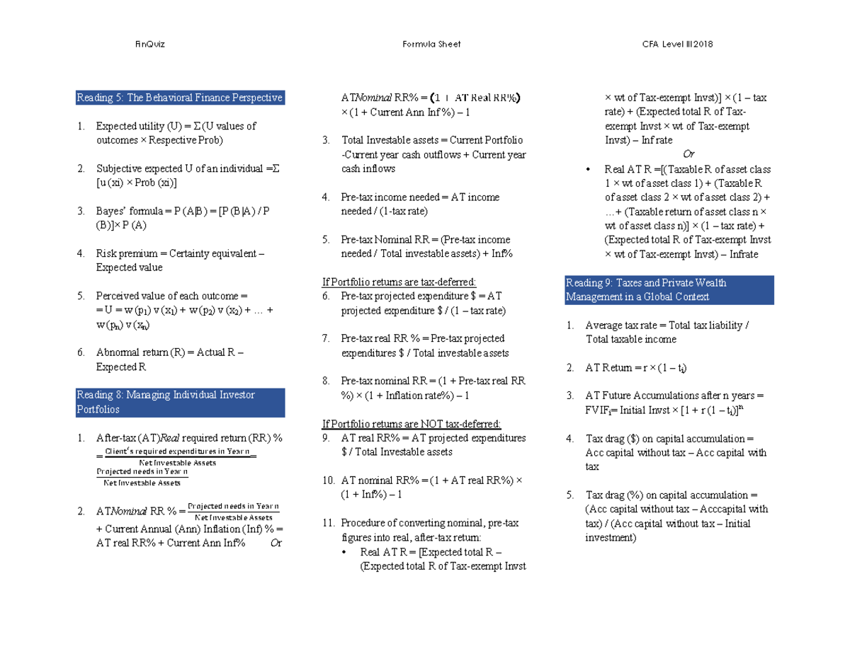 CFA Level 3 Notes Finquiz 2018-19 Pre-exam - Reading 5: The Behavioral ...