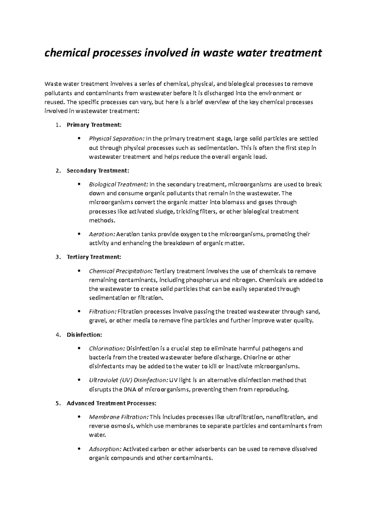 Chemical process - chemical processes involved in waste water treatment ...