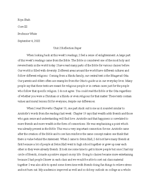 Unit 7 Reflection Paper - Riya Shah Core III Professor White October 12 ...