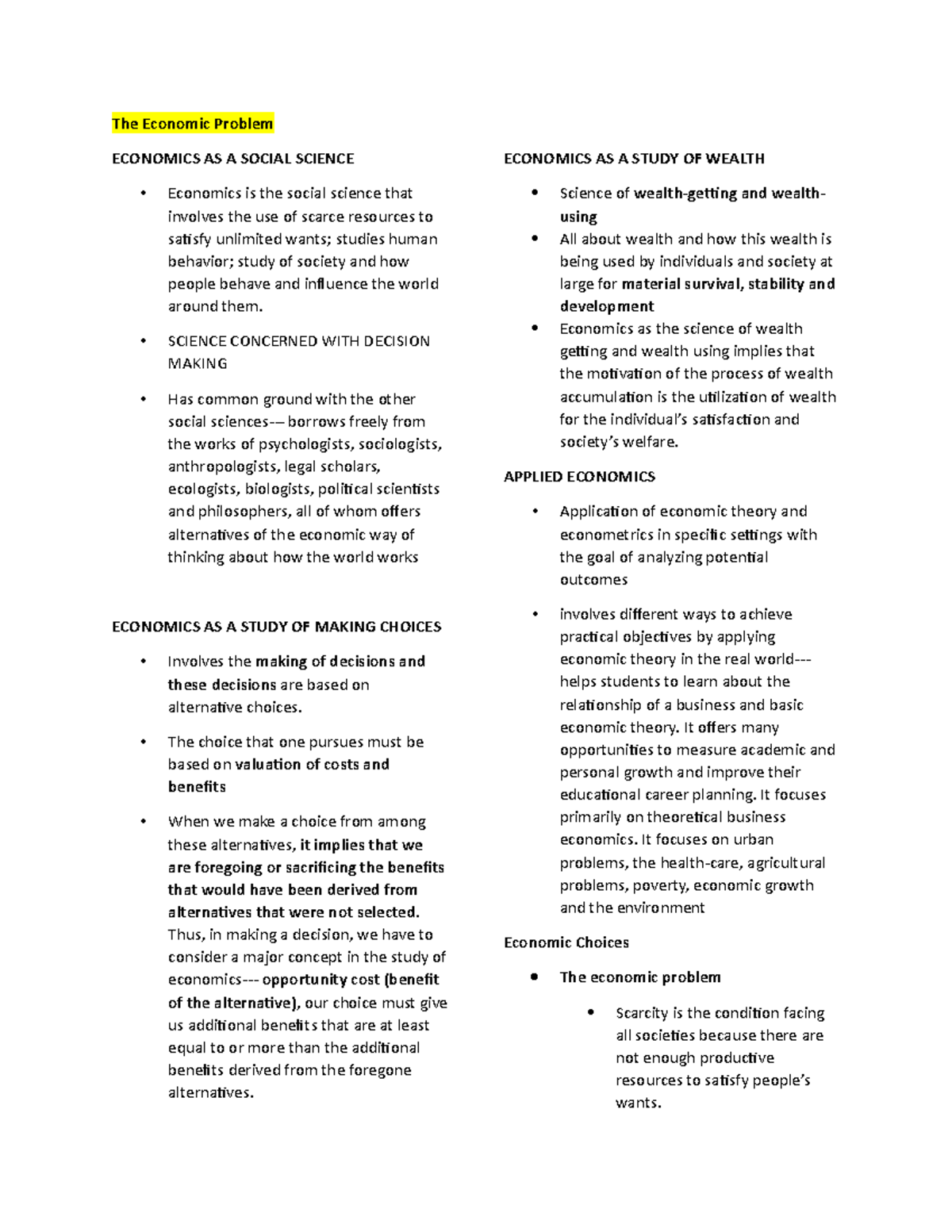 Economics LECTURE NOTES - The Economic Problem ECONOMICS AS A SOCIAL ...