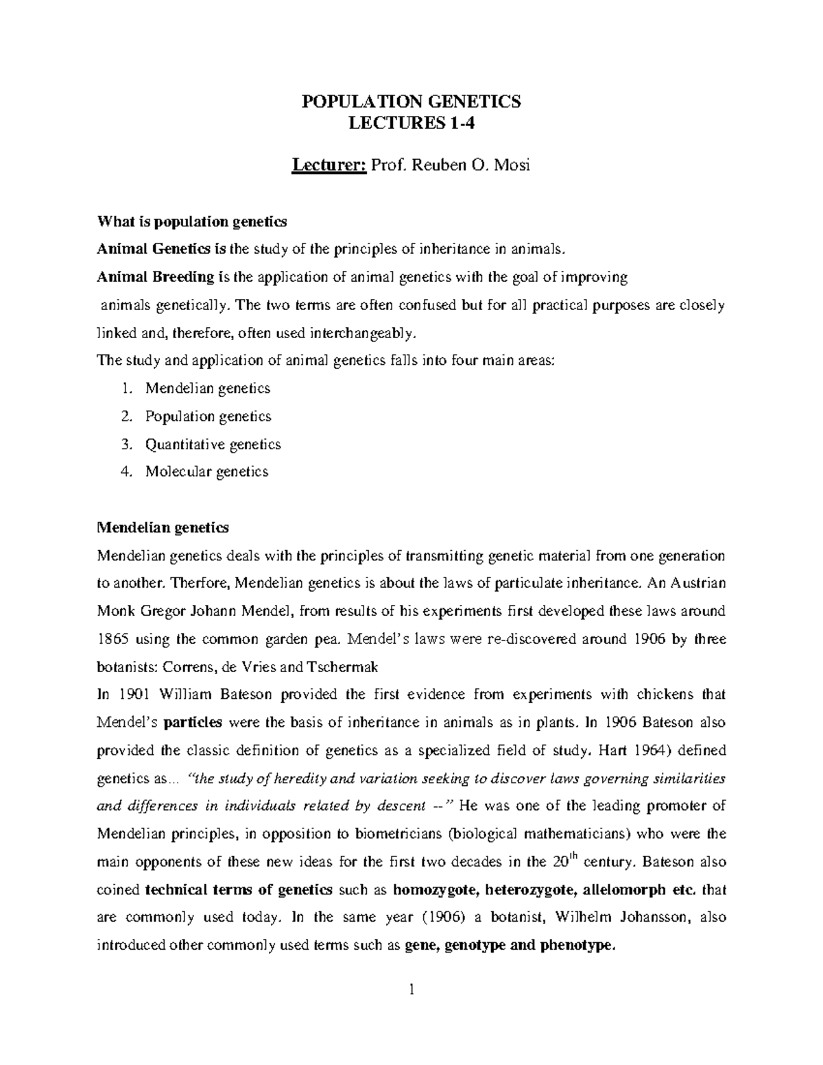 Population Genetics Lecture Notes 20 22 - POPULATION GENETICS LECTURES ...