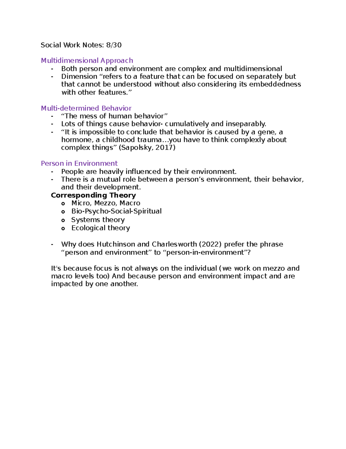 SW 1 copy - Notes - Social Work Notes: 8/ Multidimensional Approach ...