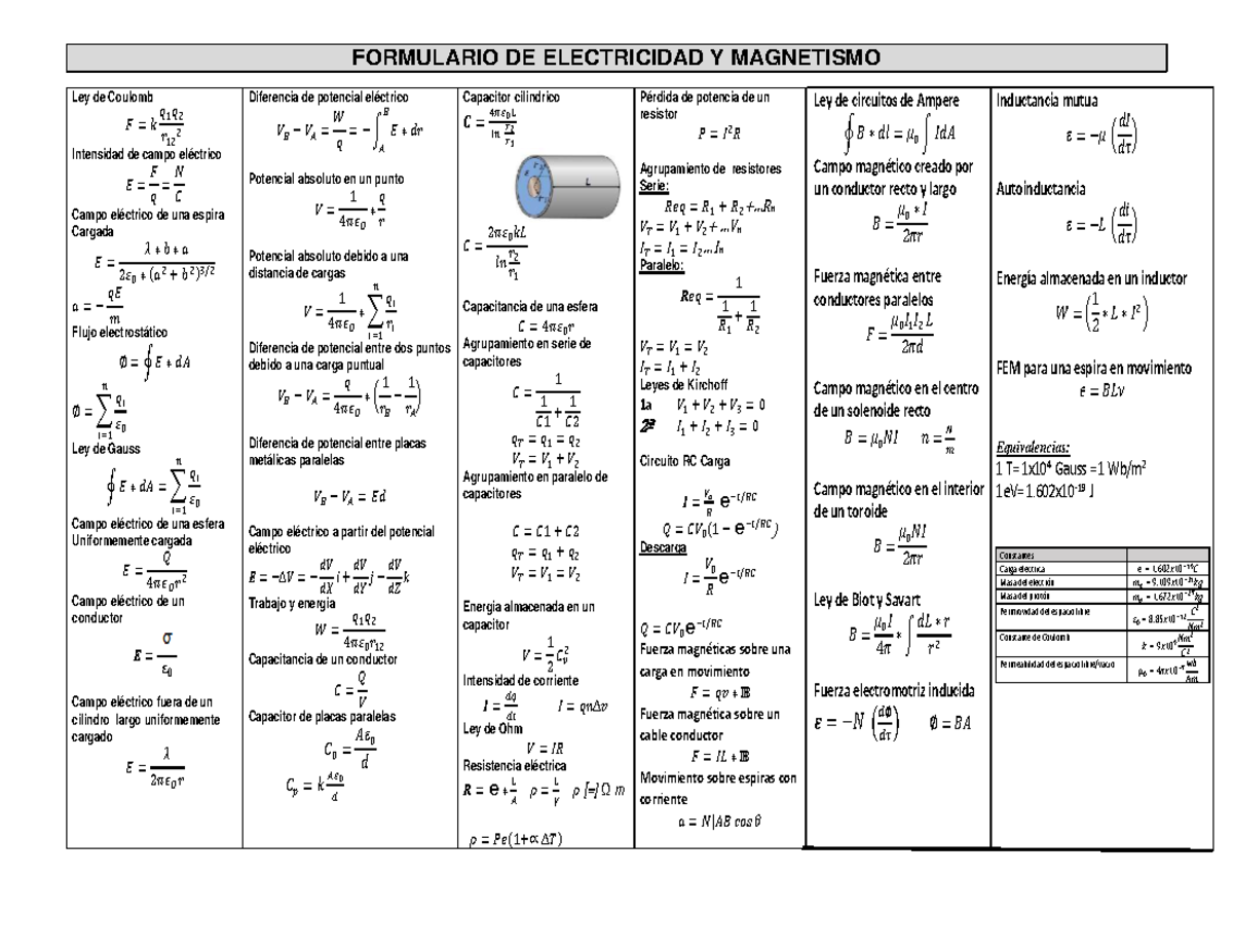Formulario Ey M - Problemario - FORMULARIO DE ELECTRICIDAD Y MAGNETISMO Ley de Coulomb 𝐹 = 𝑘 𝑞 1 ...