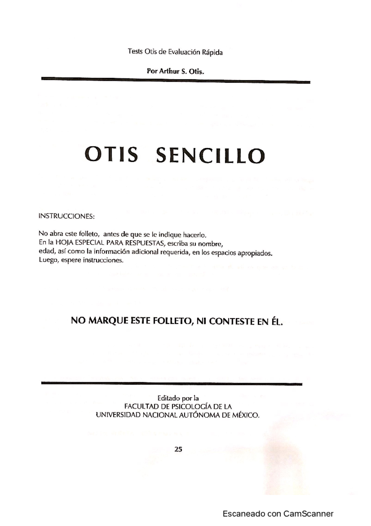 Test de Otis sencillo cuadernillo, hoja de respuestas, clave de ...