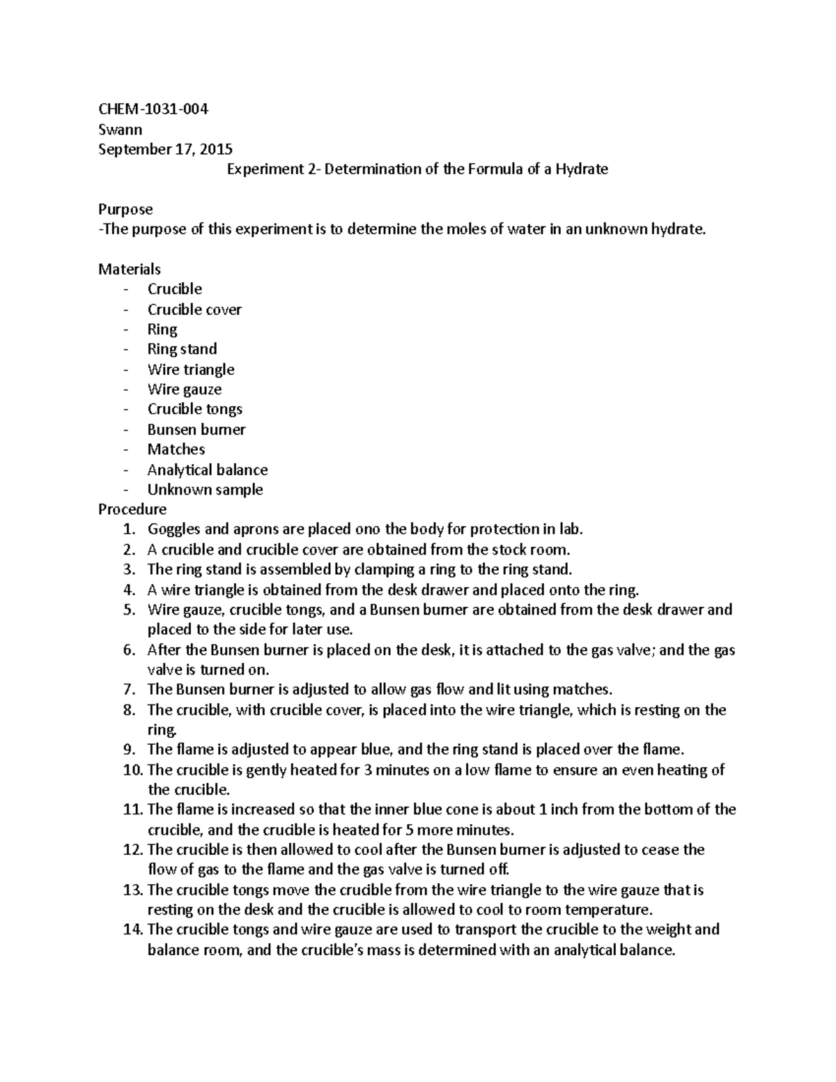 Experiment 2- Determination of the Formula of a Hydrate - CHEM-1031 ...