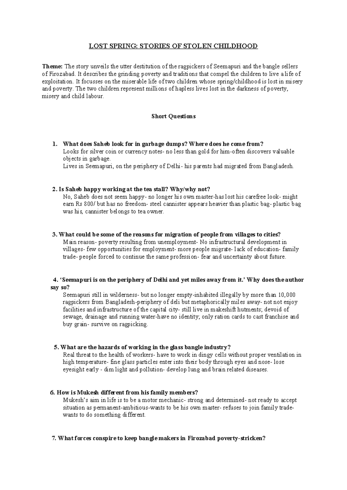 LOST Spring notes - LOST SPRING: STORIES OF STOLEN CHILDHOOD Theme: The ...