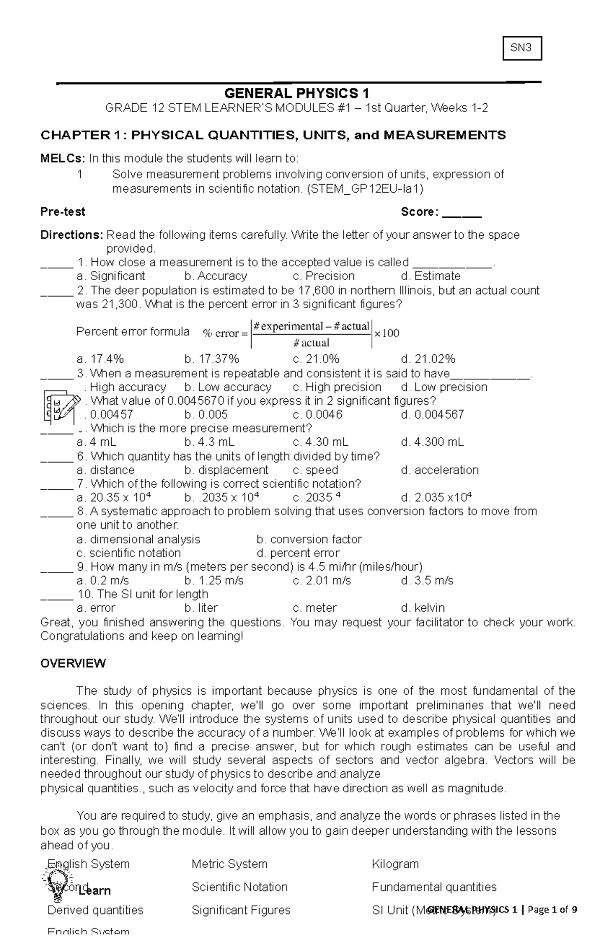 Generalphysics 1 - General physics module 1 Q1 - CHAPTER 1: PHYSICAL ...
