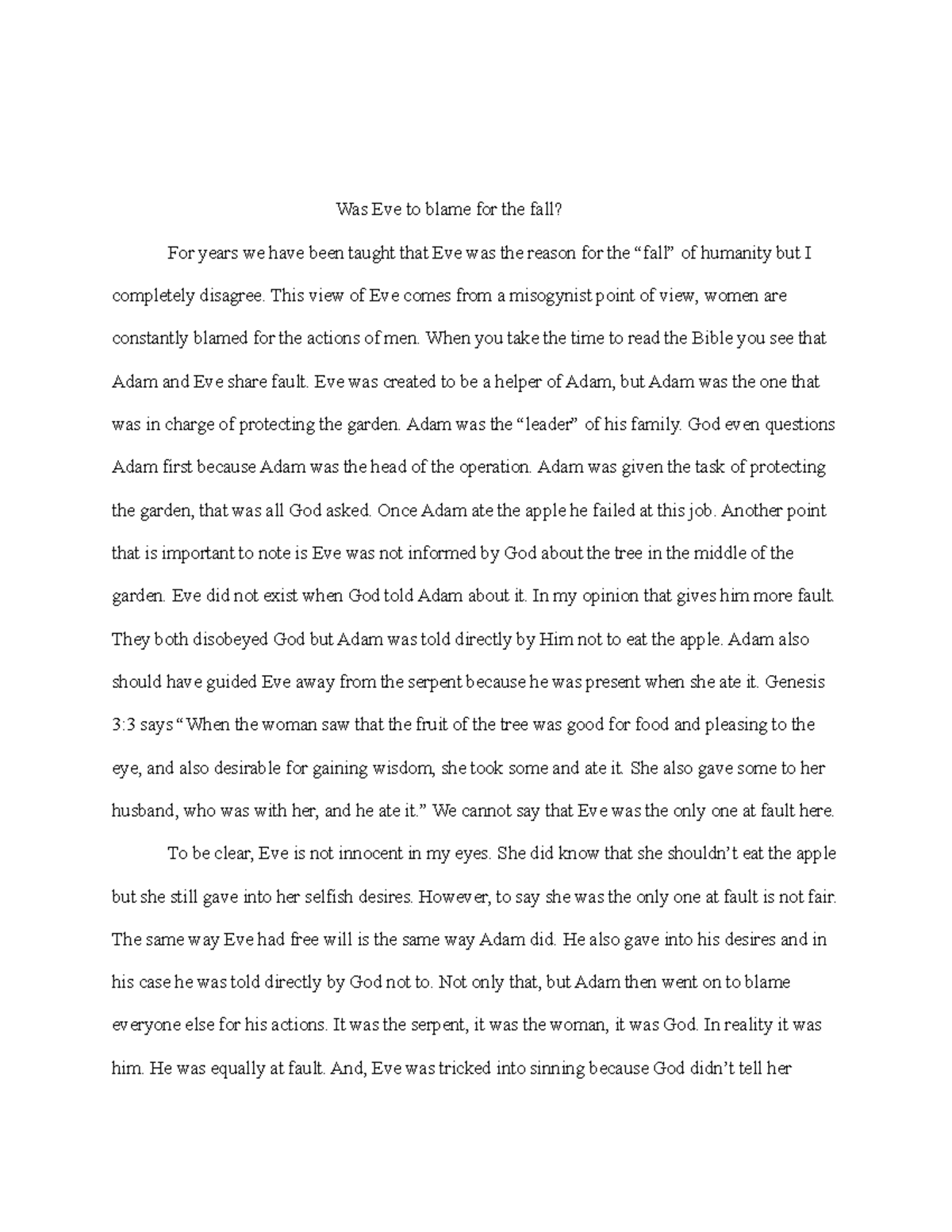 WHUM close reading assignment - Was Eve to blame for the fall? For ...