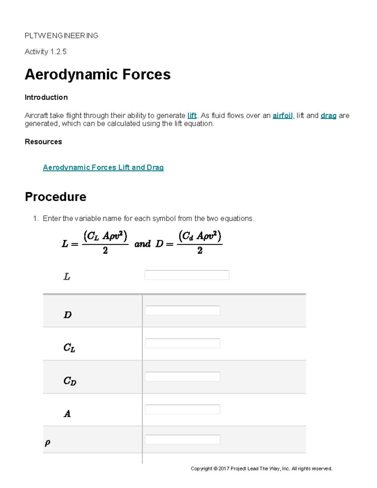 AE 1.2.5 Aerodynamic Forces - PLTW ENGINEERING Activity 1. Aerodynamic ...