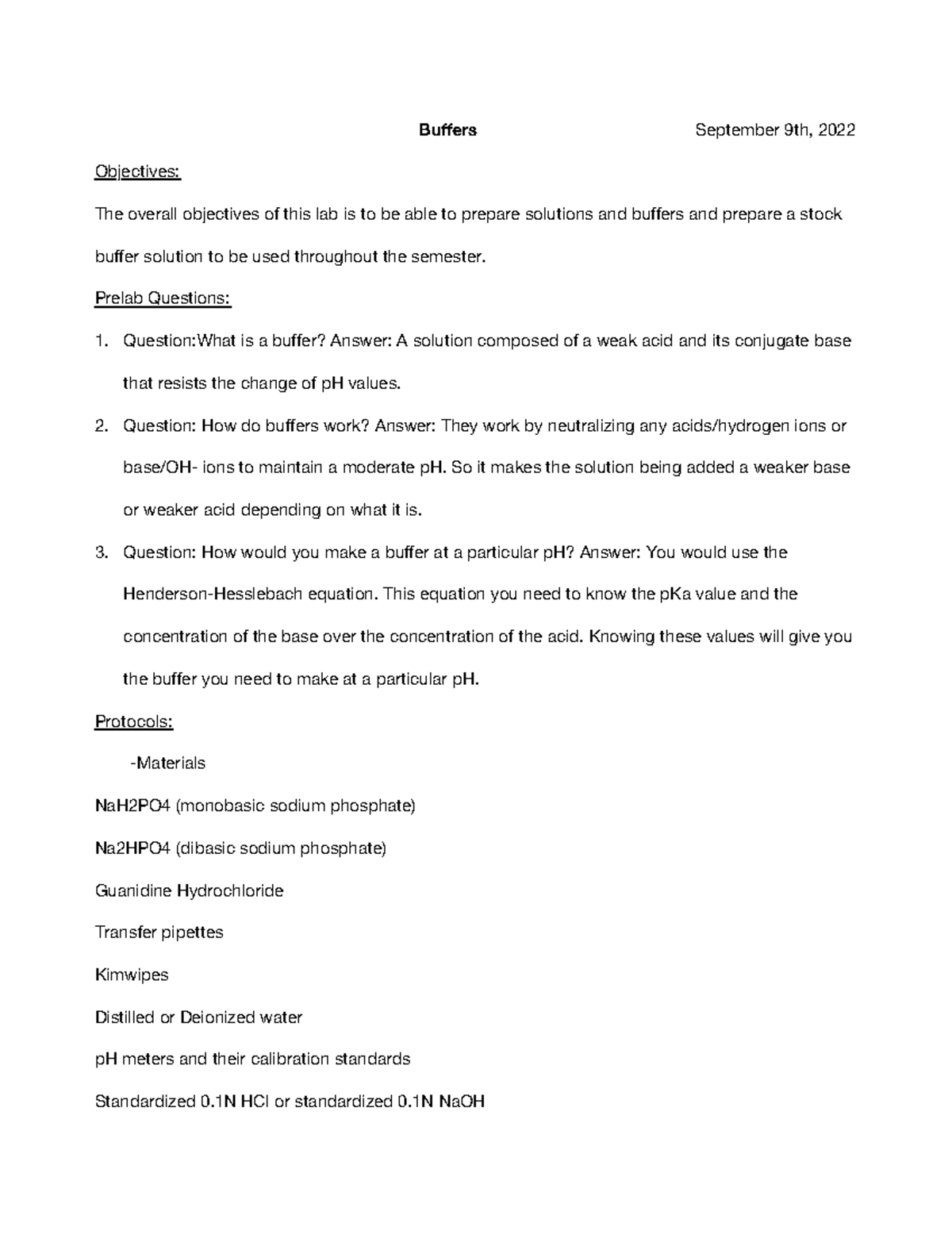 Buffers Lab Report - Buffers September 9th, 2022 Objectives: The ...