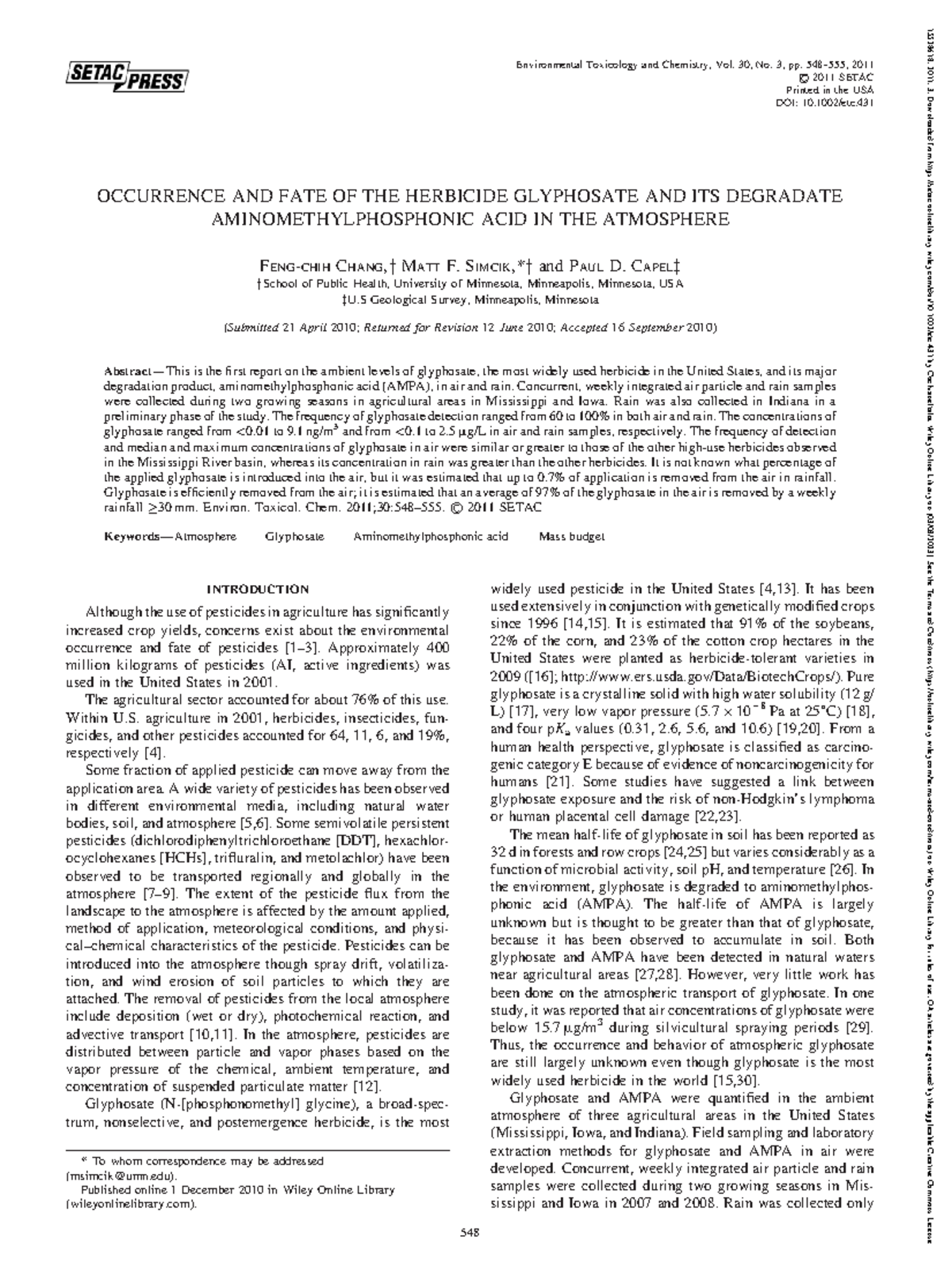 F. Chang - Occurrence and fate of the herbicide glyphosate and its ...