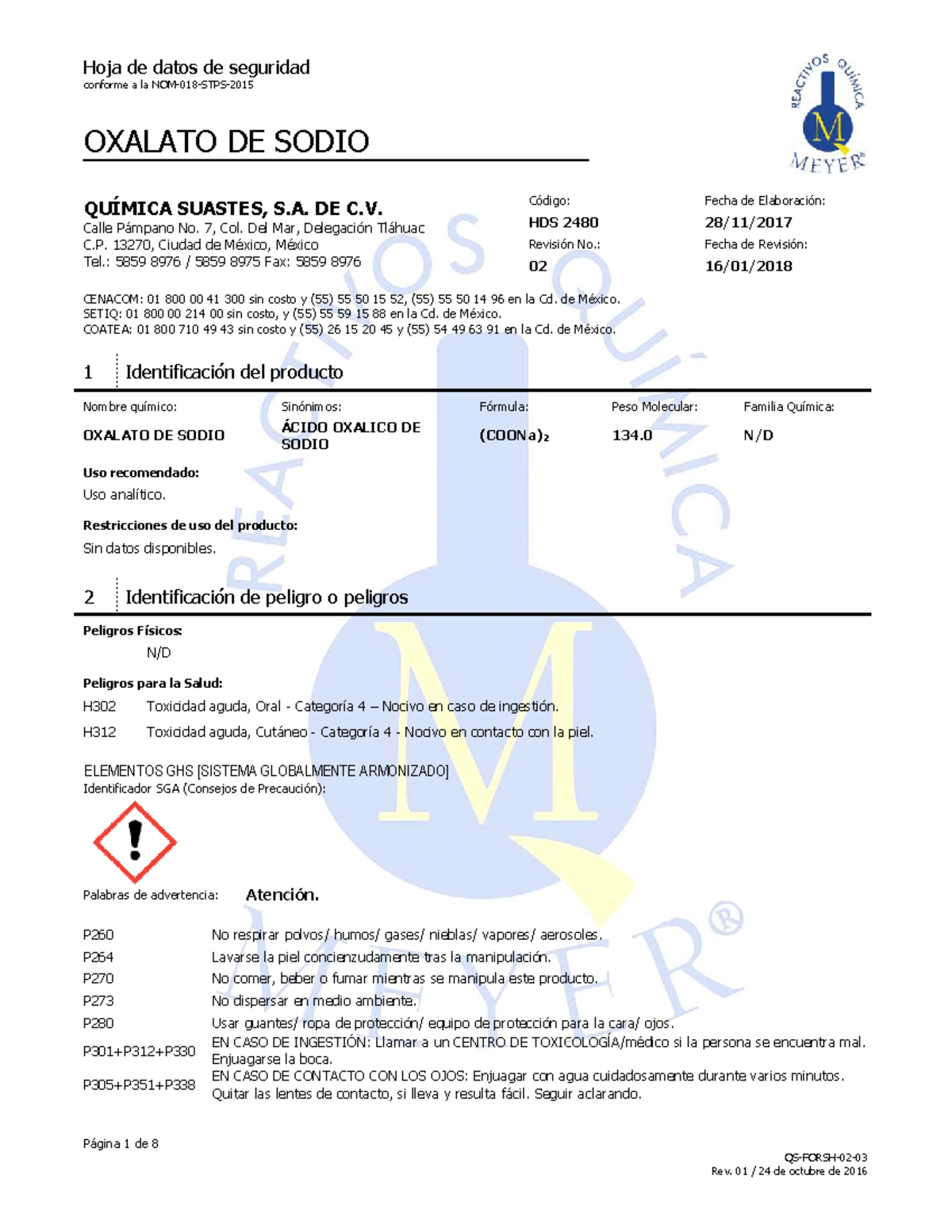 Na2C2O4 - Hoja de Seguridad del Oxalato de Sodio - conforme a la NOM ...