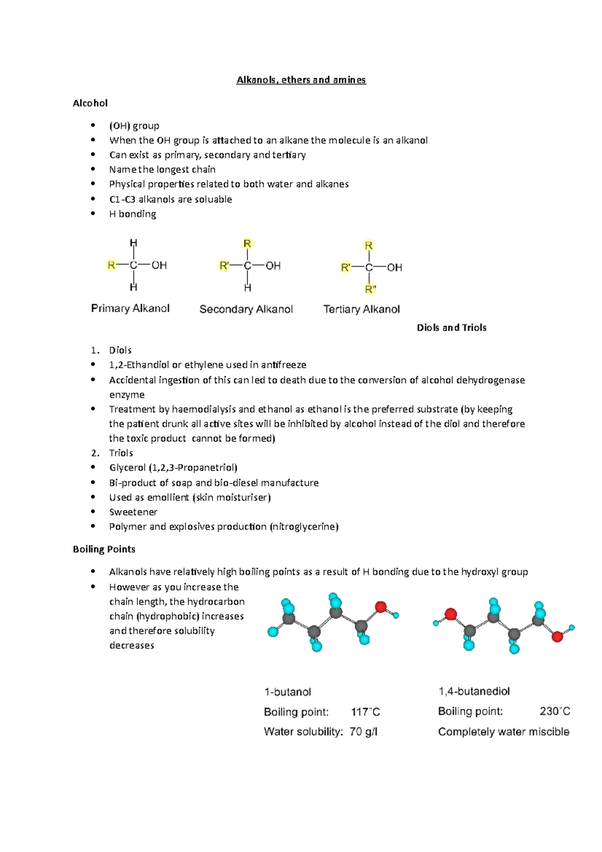 Alkanols - Lecture notes 1 - Alkanols, ethers and amines Alcohol (OH ...