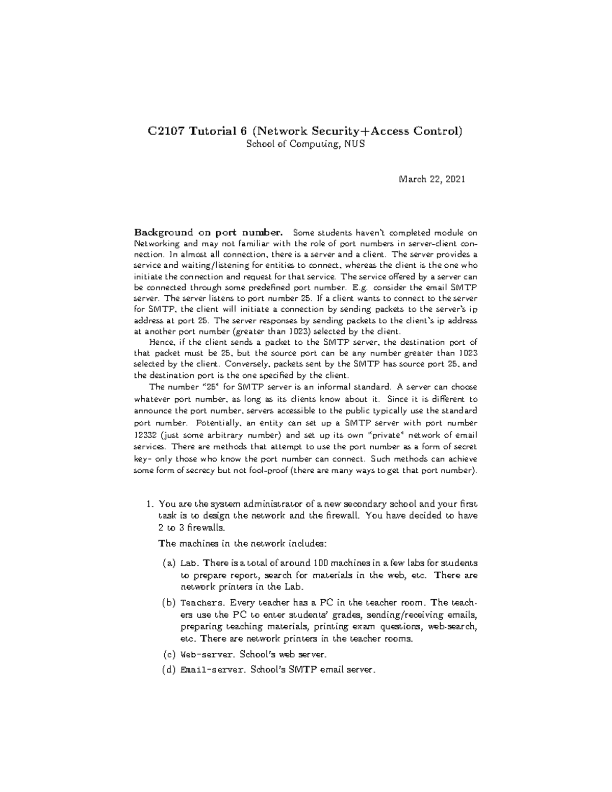 2021 tutorial 7 answer - C2107 Tutorial 6 (Network Security+Access Control) School of Computing ...