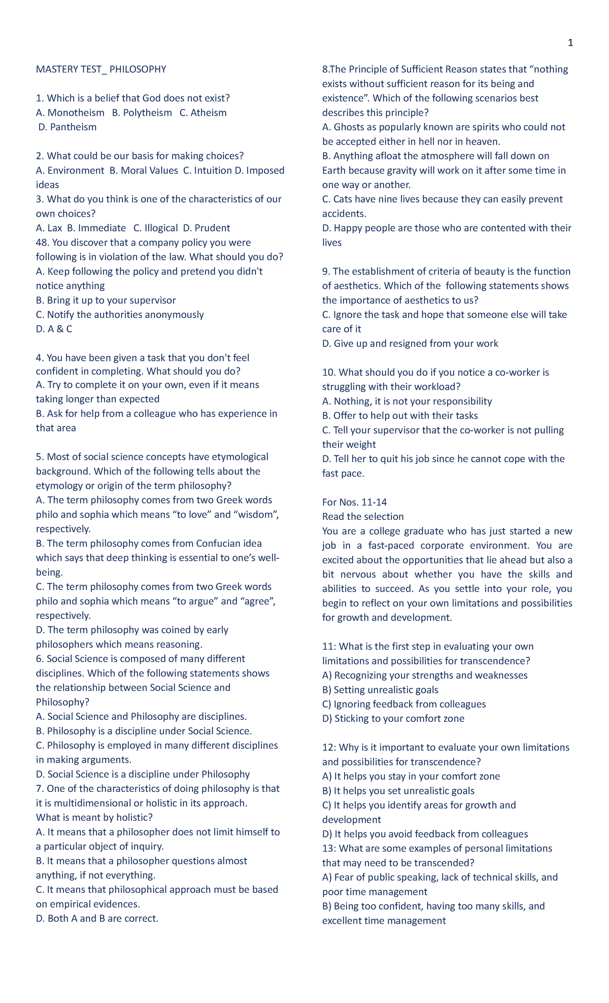 Mastery TEST Philo - Copy - 1 MASTERY TEST_ PHILOSOPHY Which is a ...