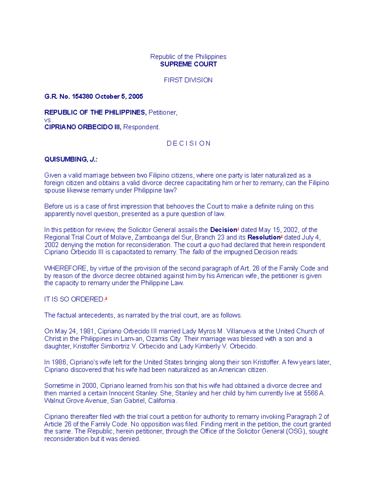 Republic vs Orbecido - Case - reference - Republic of the Philippines ...