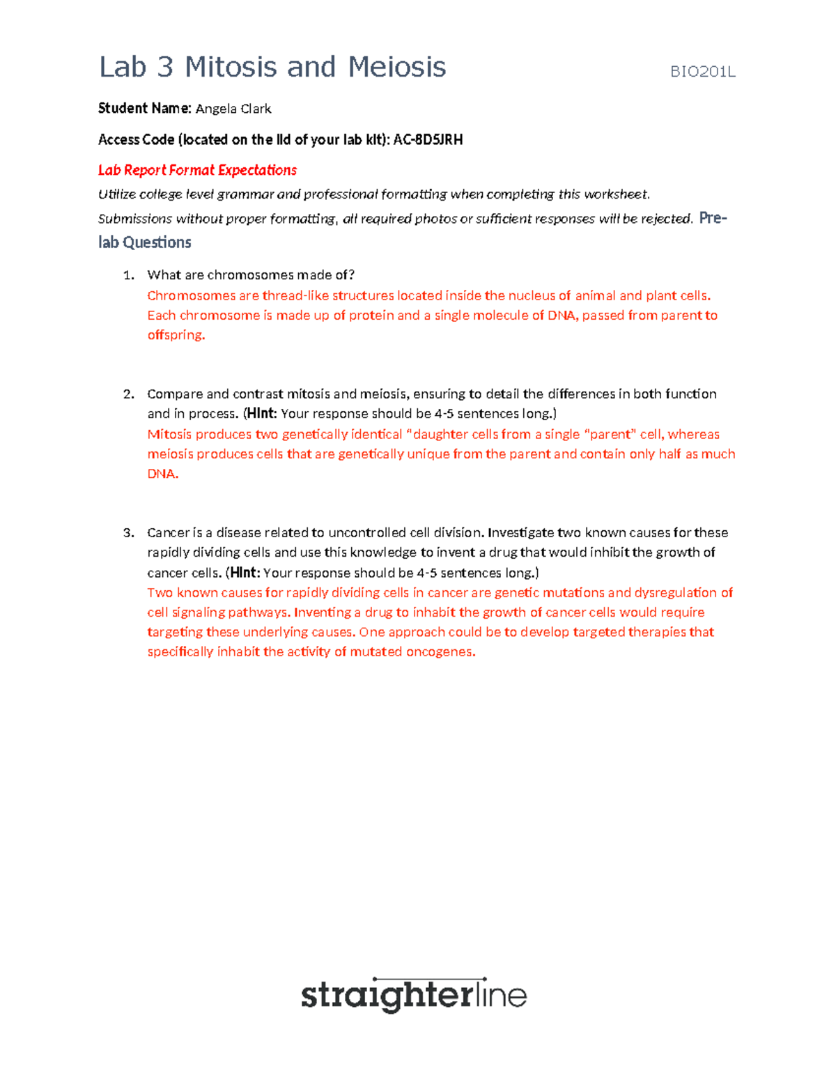 Lab 3 Mitosis and Meosis - Student Name: Angela Clark Access Code ...