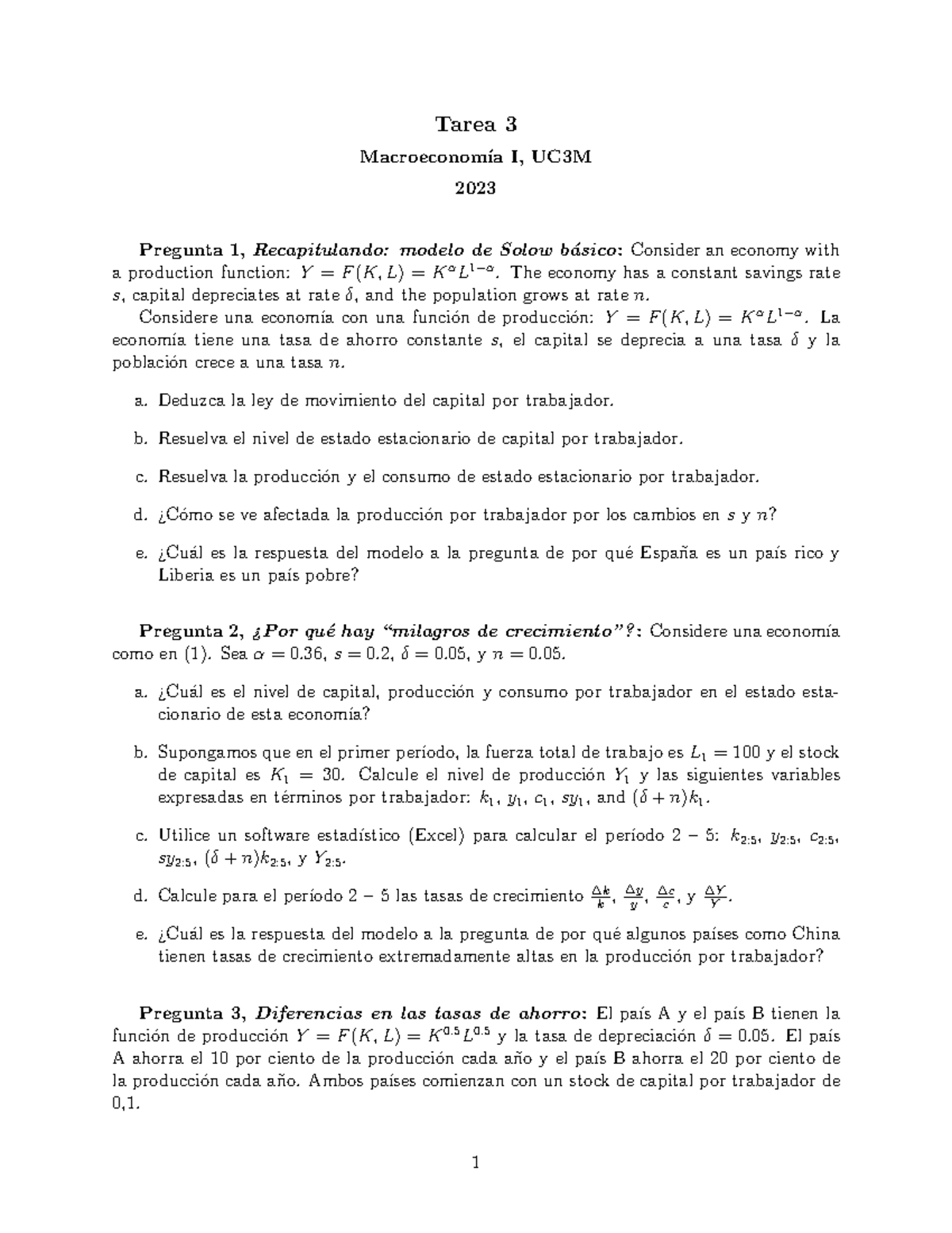 Ejercicios TEMA 3 - Tarea 3 Macroeconom ́ıa I, UC3M 2023 Pregunta 1, Recapitulando: modelo de ...