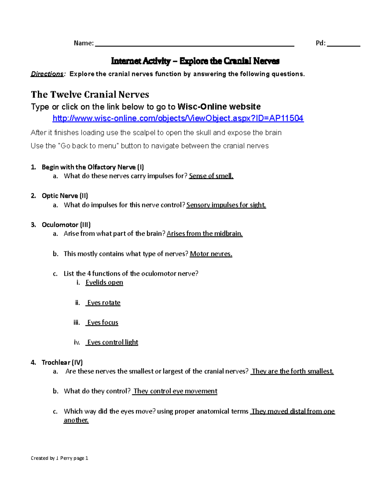 12 Crainal Nerves - Name: Pd: Internet Activity – Explore the Cranial ...