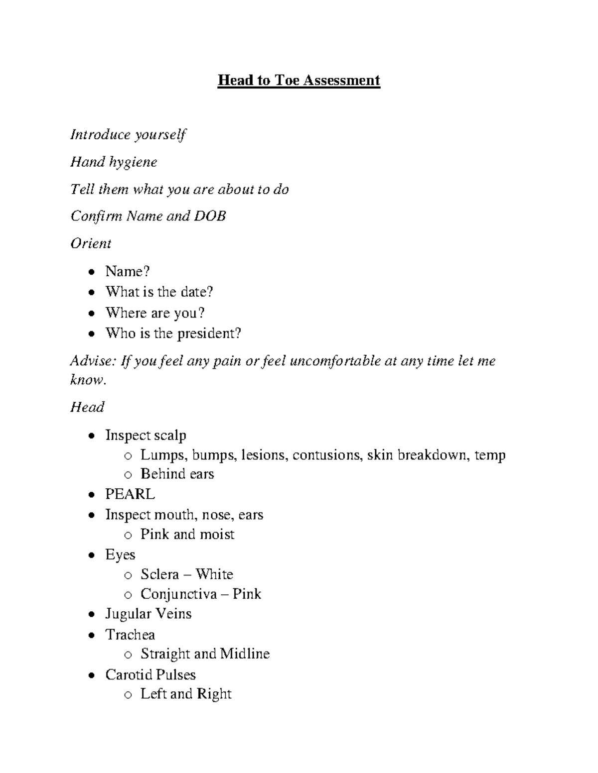 Head to Toe Assessment - Head to Toe Assessment Introduce yourself Hand ...