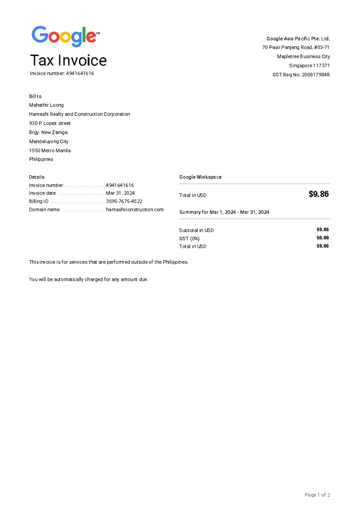 BILL FOR March - Google Payment - Tax Invoice Invoice number ...