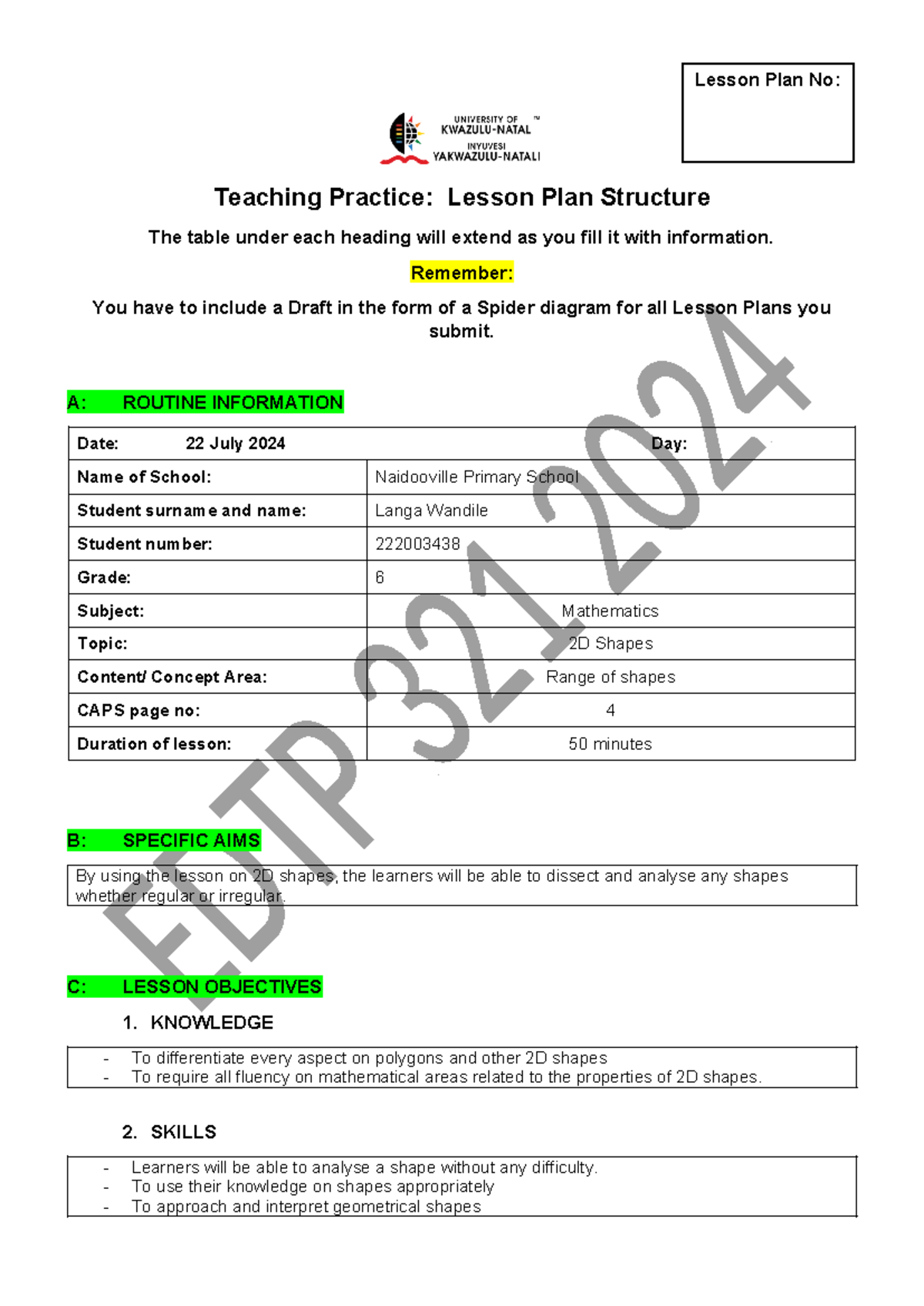 Mathematics Lesson Plan EDTP 321 2024 - Teaching Practice: Lesson Plan ...