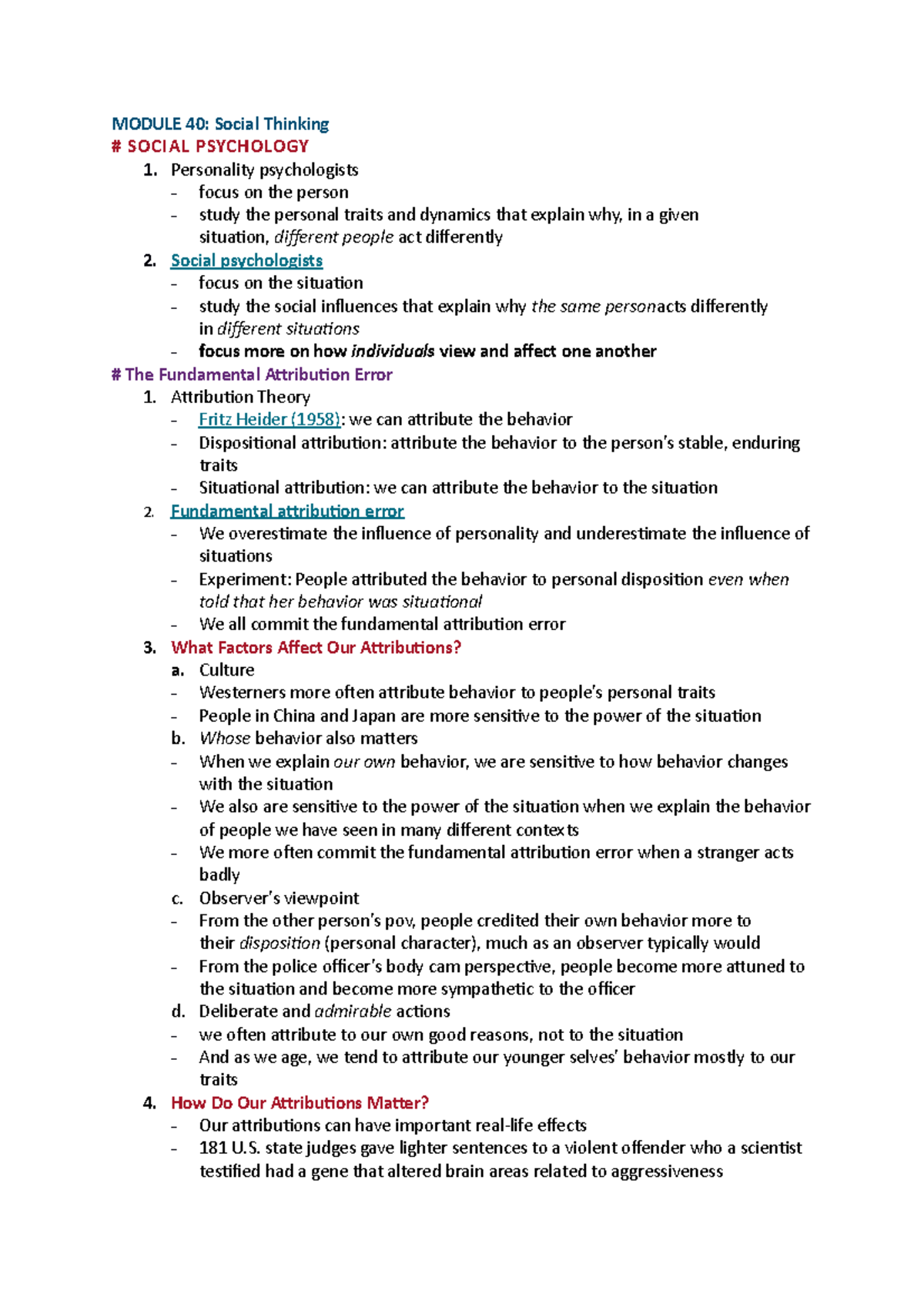 Module 40 - MODULE 40: Social Thinking SOCIAL PSYCHOLOGY 1. Personality ...