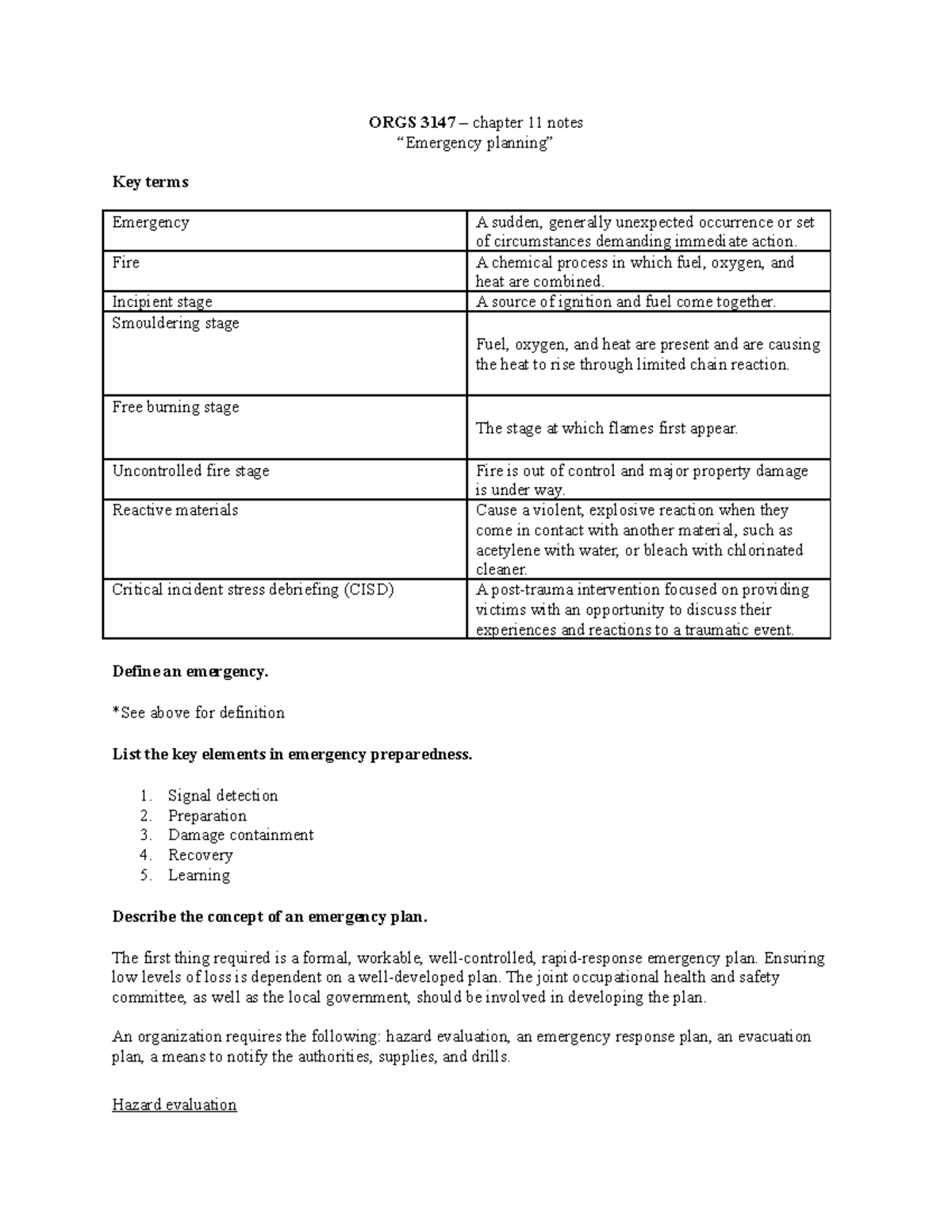 ORGS 3147 – chapter 11 notes - ORGS 3147 – chapter 11 notes “Emergency ...