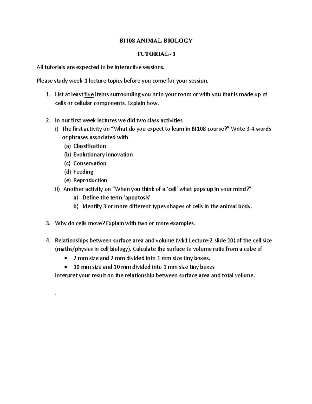 Tut-1 Introduction Cell Biology - BI108 ANIMAL BIOLOGY TUTORIAL- 1 All ...