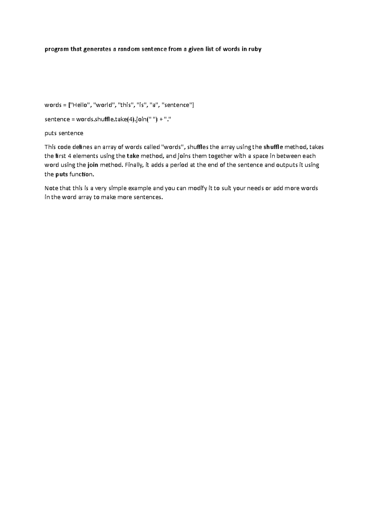 Ruby Sentence Program That Generates A Random Sentence From A Given